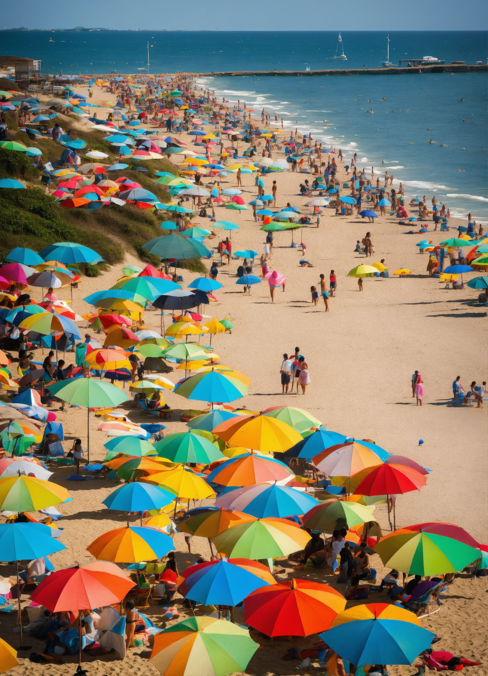 Lexica - A beach on a Sunny day. People carrying umbrellas to protect ...