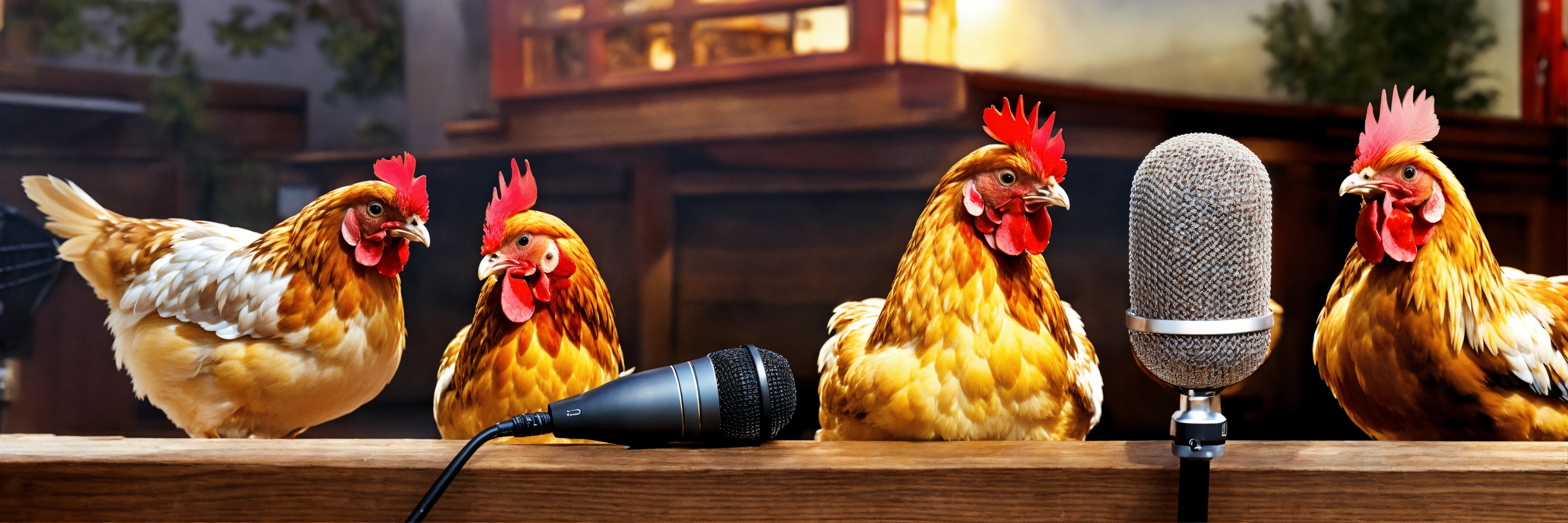 Lexica - Photorealistic picture of chickens with a microphone and ...