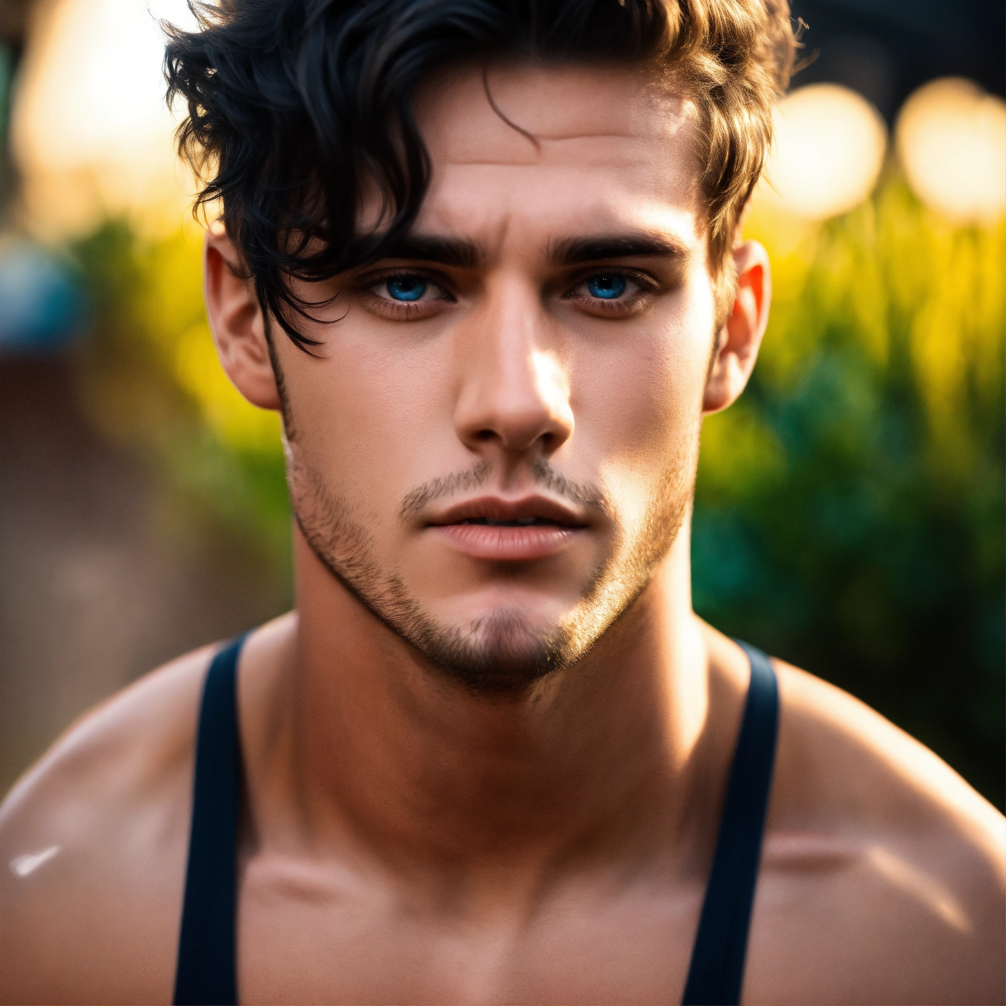 Lexica - Hot white boy face blue ayes black hair muscular face