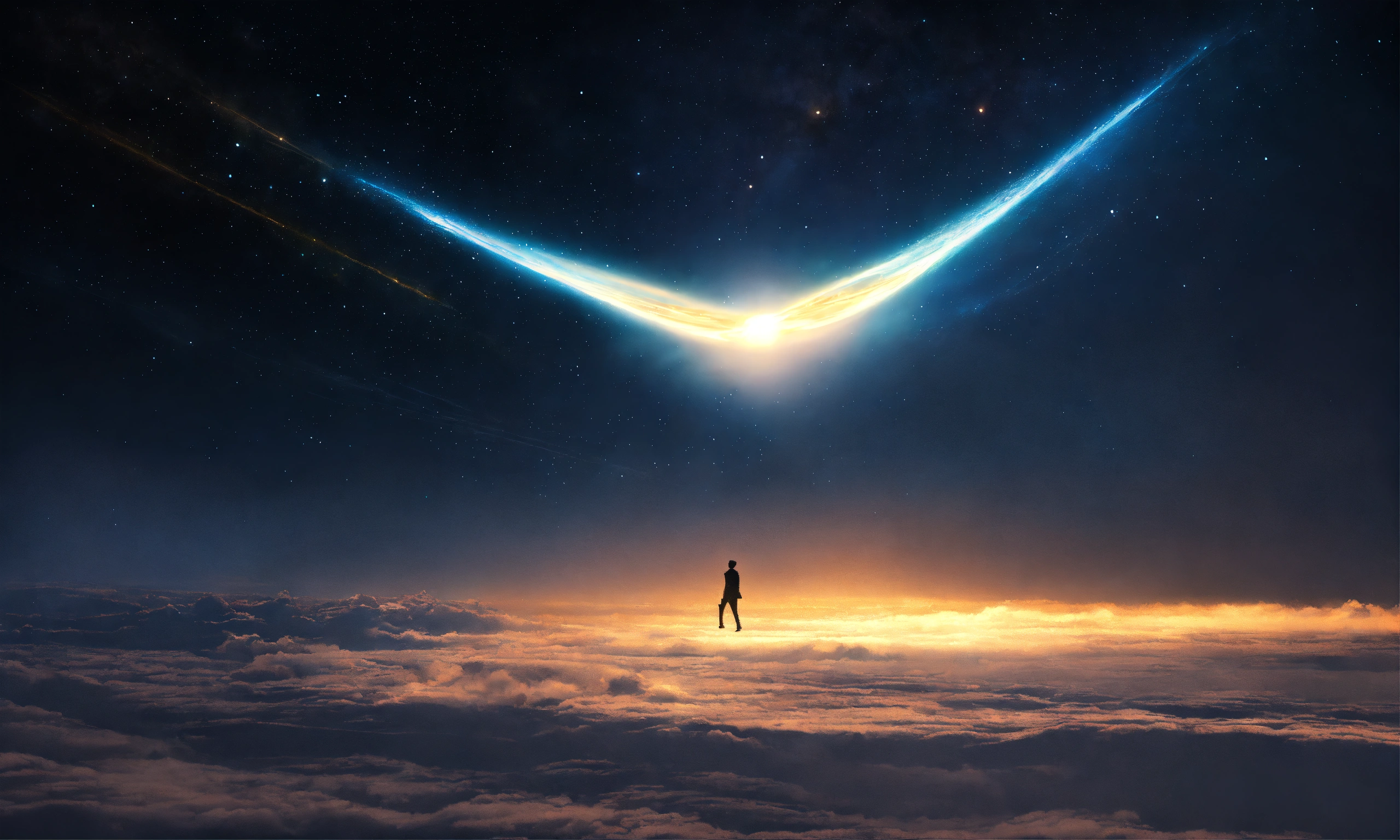 Lexica - Two flying human figures of light in the darkness of space