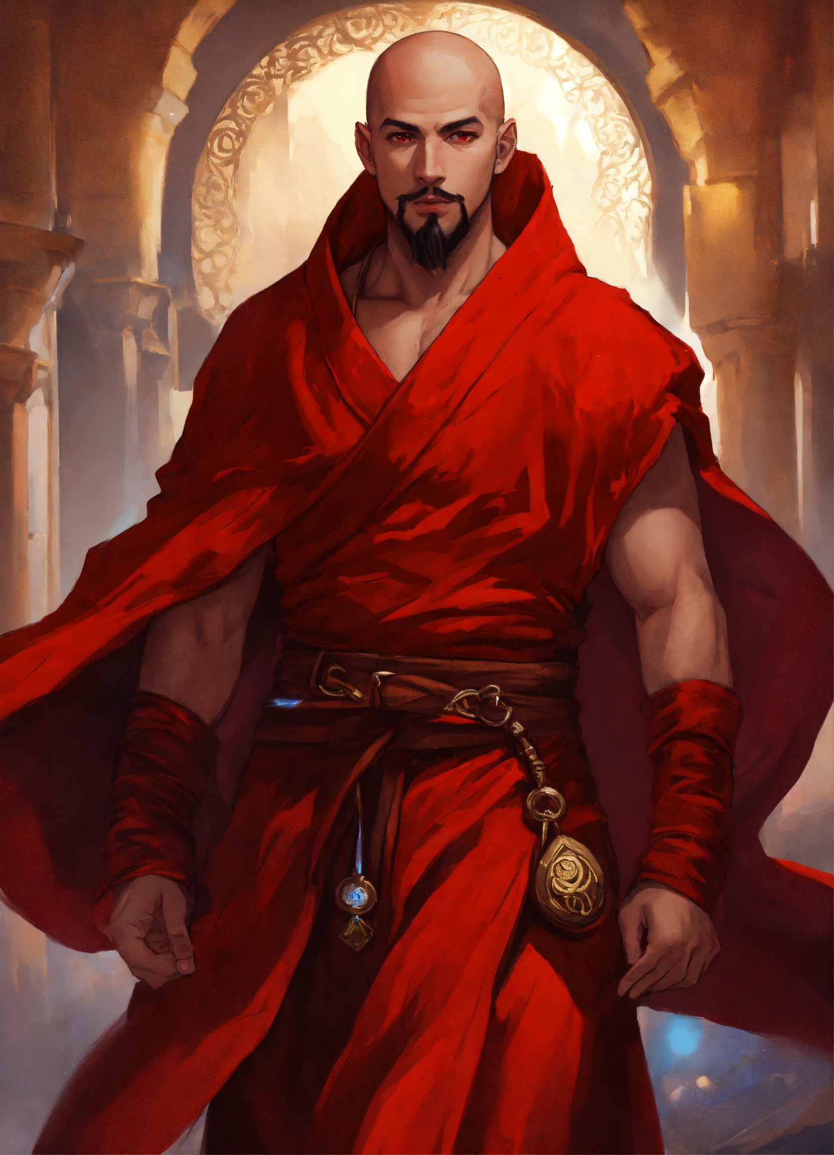 Lexica - D&D male, monk, red robes, shirtless, red eyes, black goatee, bald