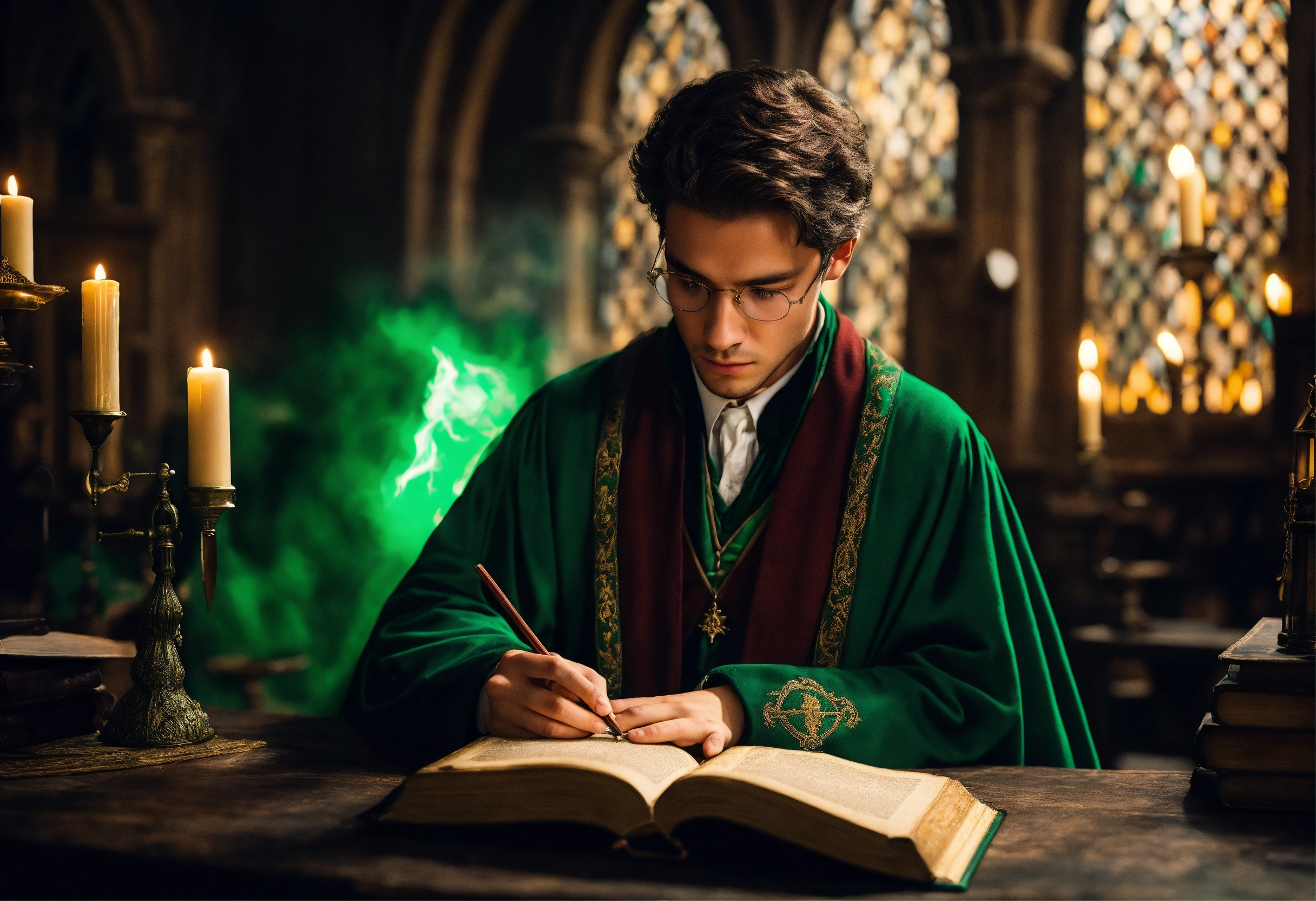 Lexica - Man young wizard, inside Hogwarts with a spellbook in his hand ...