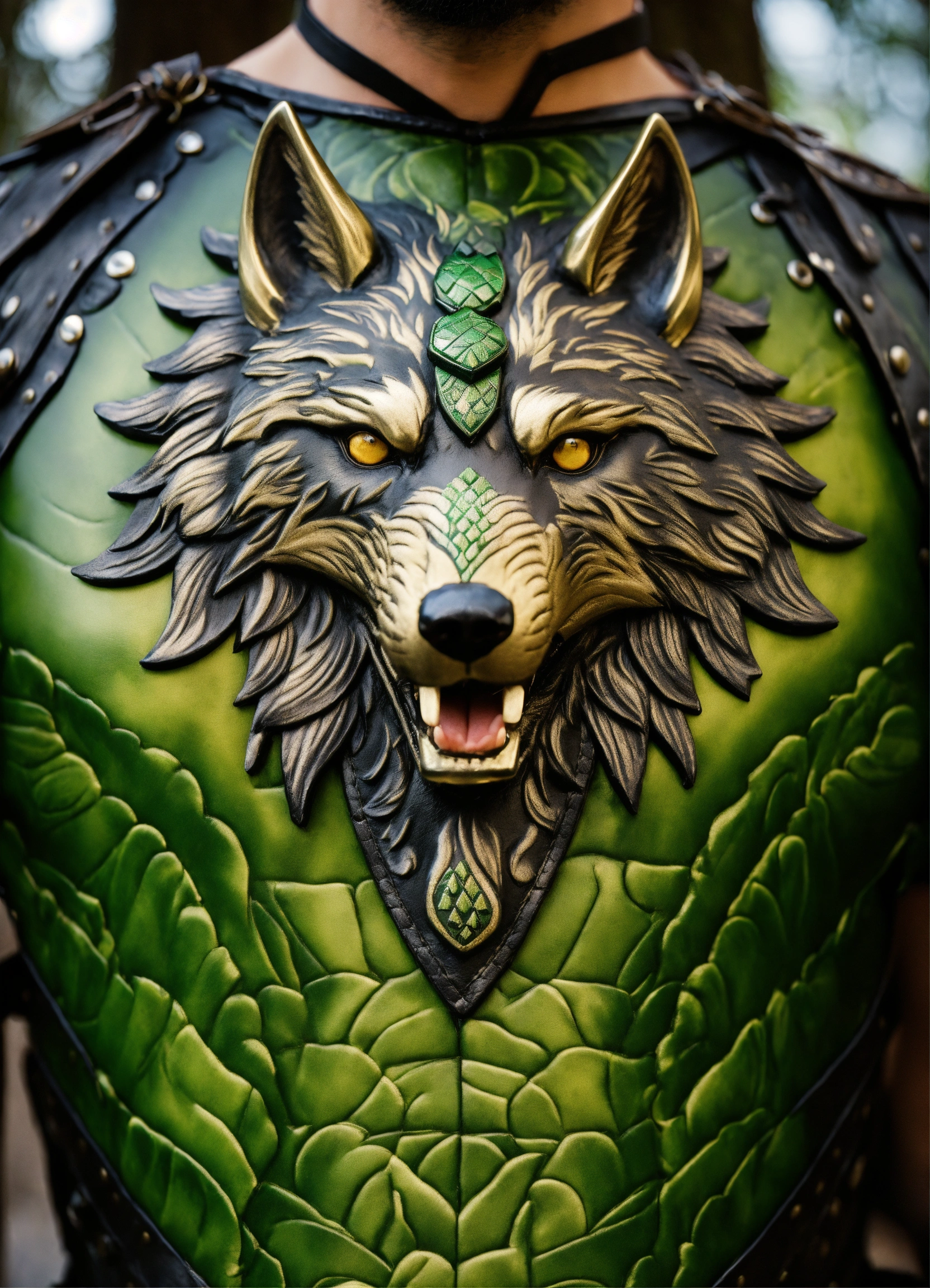Lexica - Chest leather armour with two wolf heads and forest pattern ...