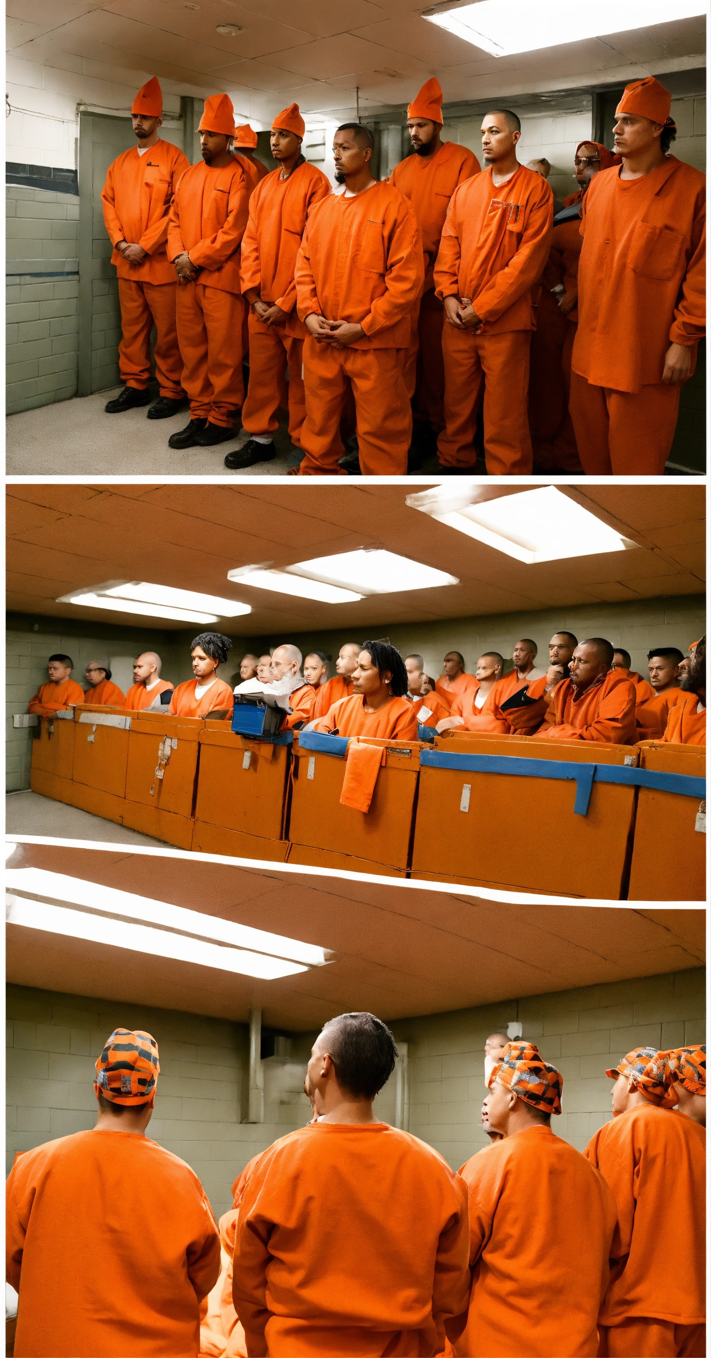 Lexica - Prisoner group,dressed in orange prison garb,standing,everyone ...