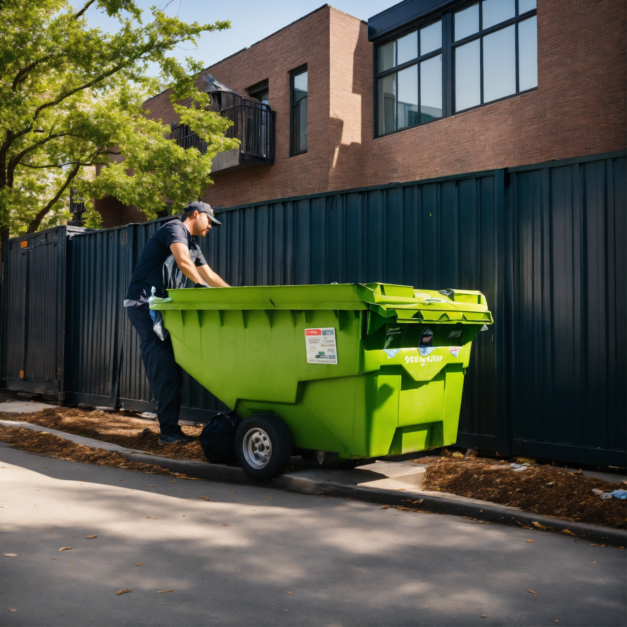 Lexica - A photo of a man taking a garbage bag out to a dumpster behind ...