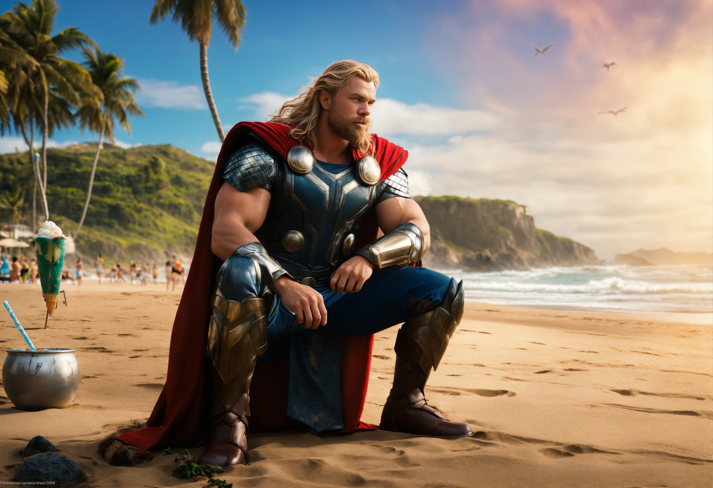 Lexica - Thor, sentado na praia, comendo sorvete e milkshake 8k