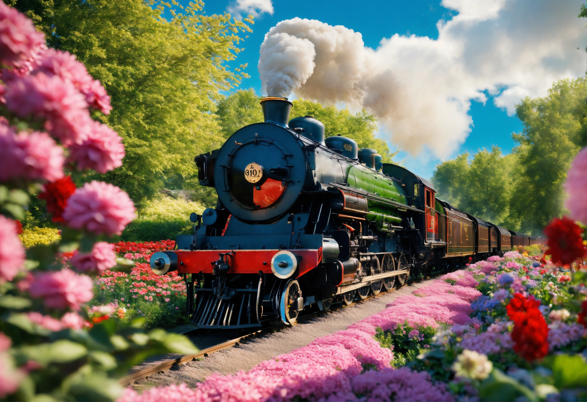 Lexica - Near future, steam locomotive, Running through a flower garden ...