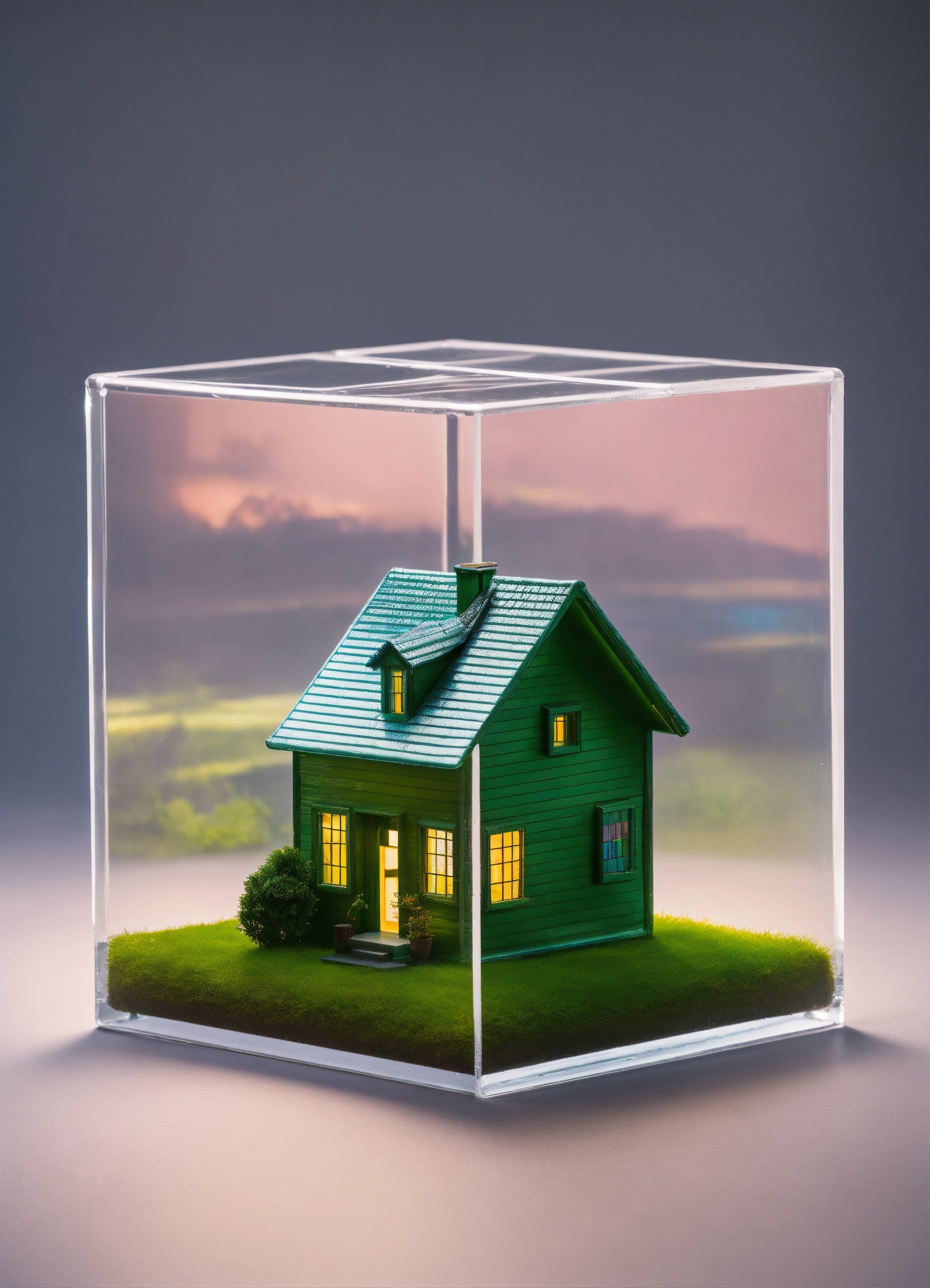 Lexica - Cube, 4k, small house inside cube!, clear plastic, iridescent ...