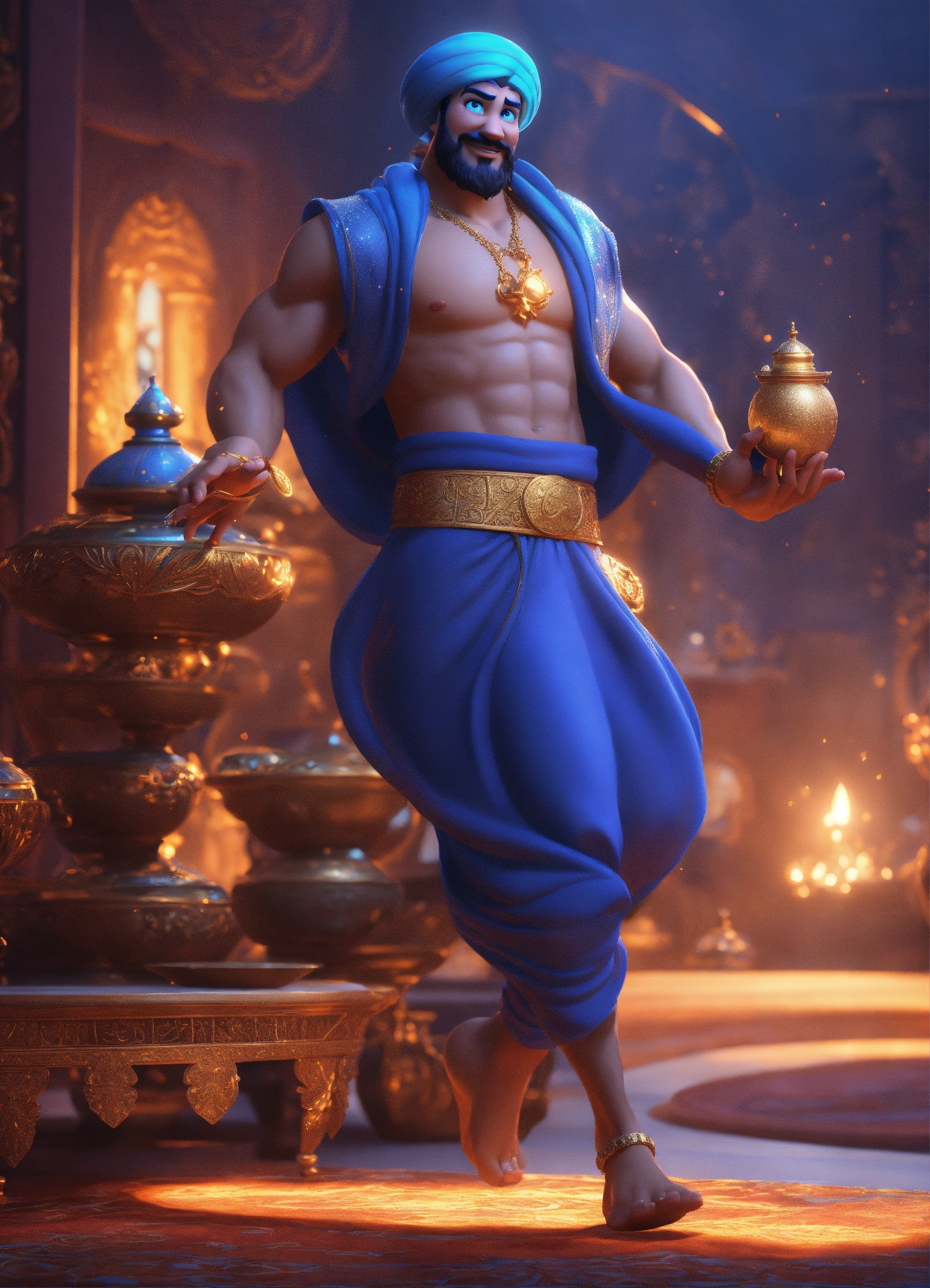 Lexica - Create a 3D rendering of a magical blue Arabian male genie ...