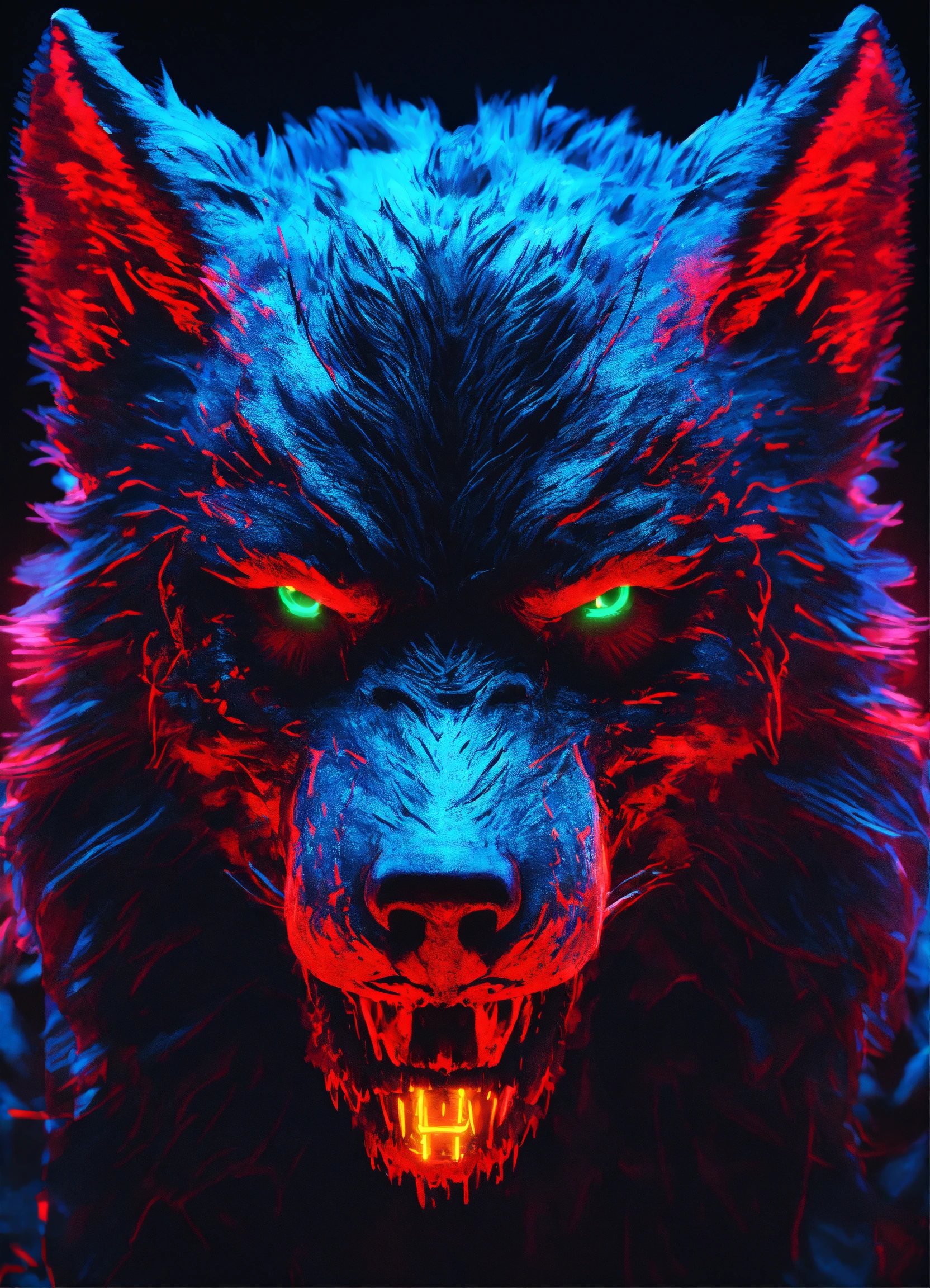 Lexica - Cyberpunk werewolf face in the forest, neon lights, ultra ...