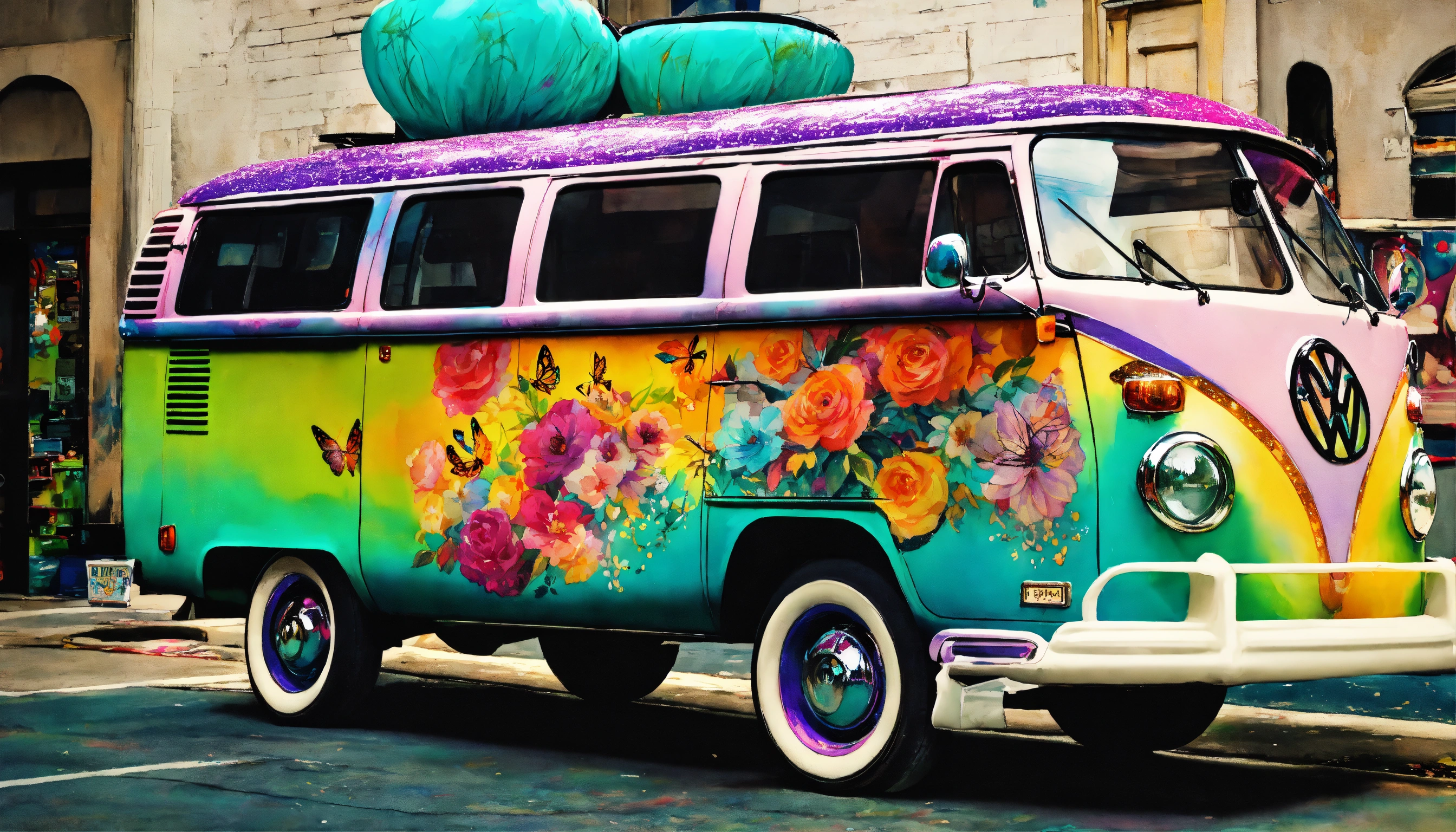 Lexica - Concept art of hyper realistic turquoise Volkswagen bus, paint ...