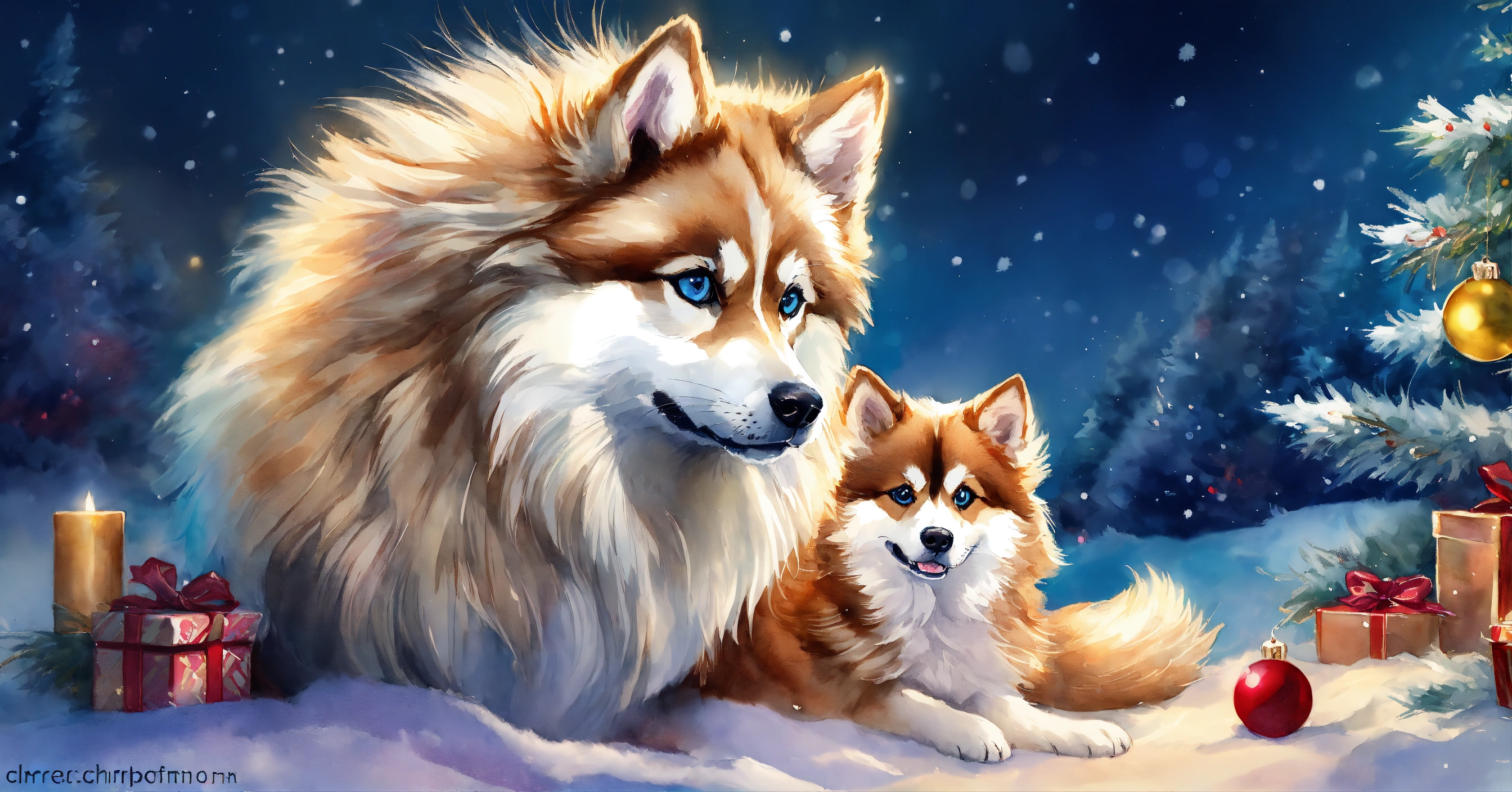 Lexica - A full body image of a pomsky with very long hair and blue ...