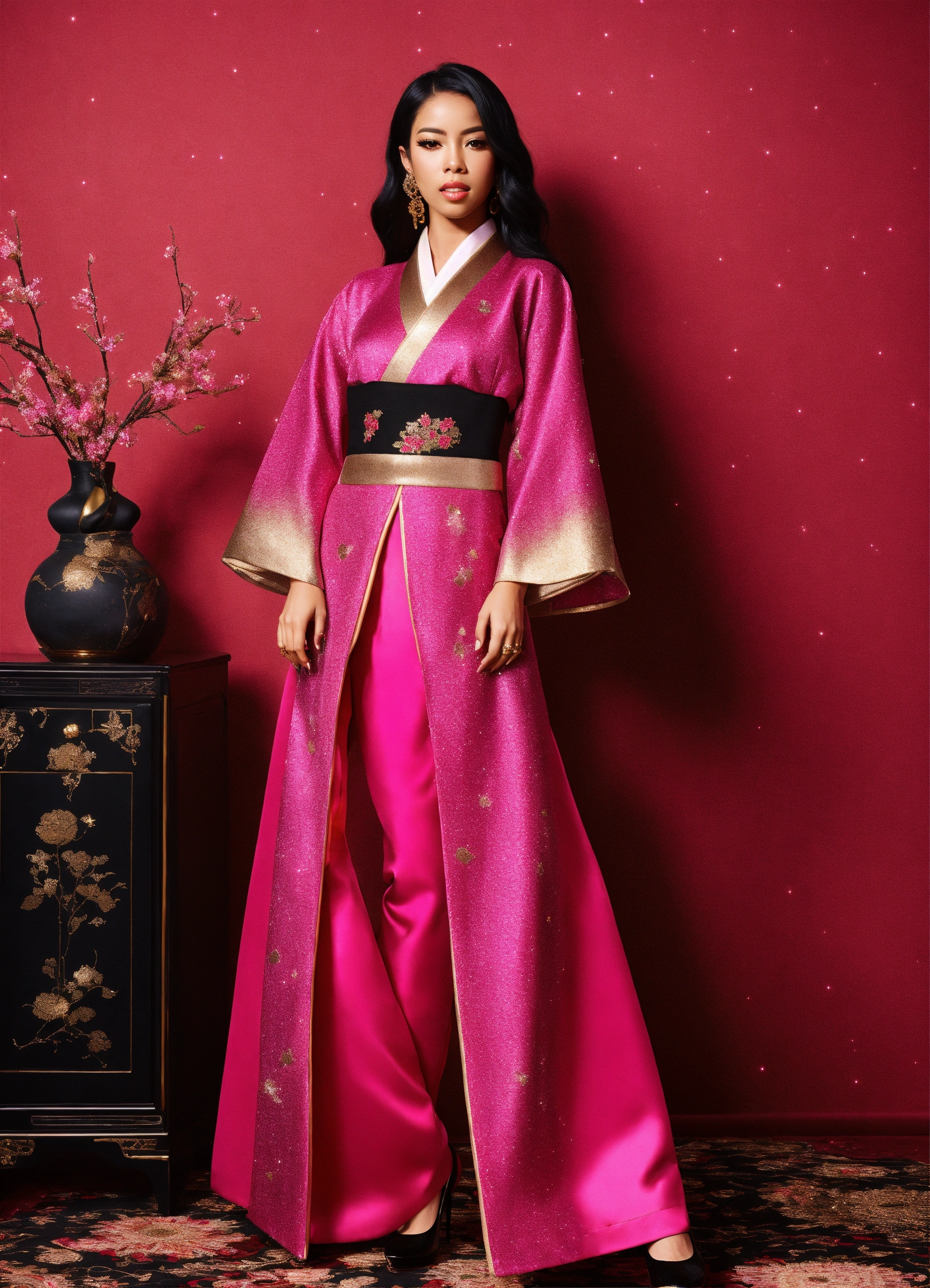Lexica - Aaliyah glamorous sparkly diamond studded hot pink and gold modern hanbok with pants ...