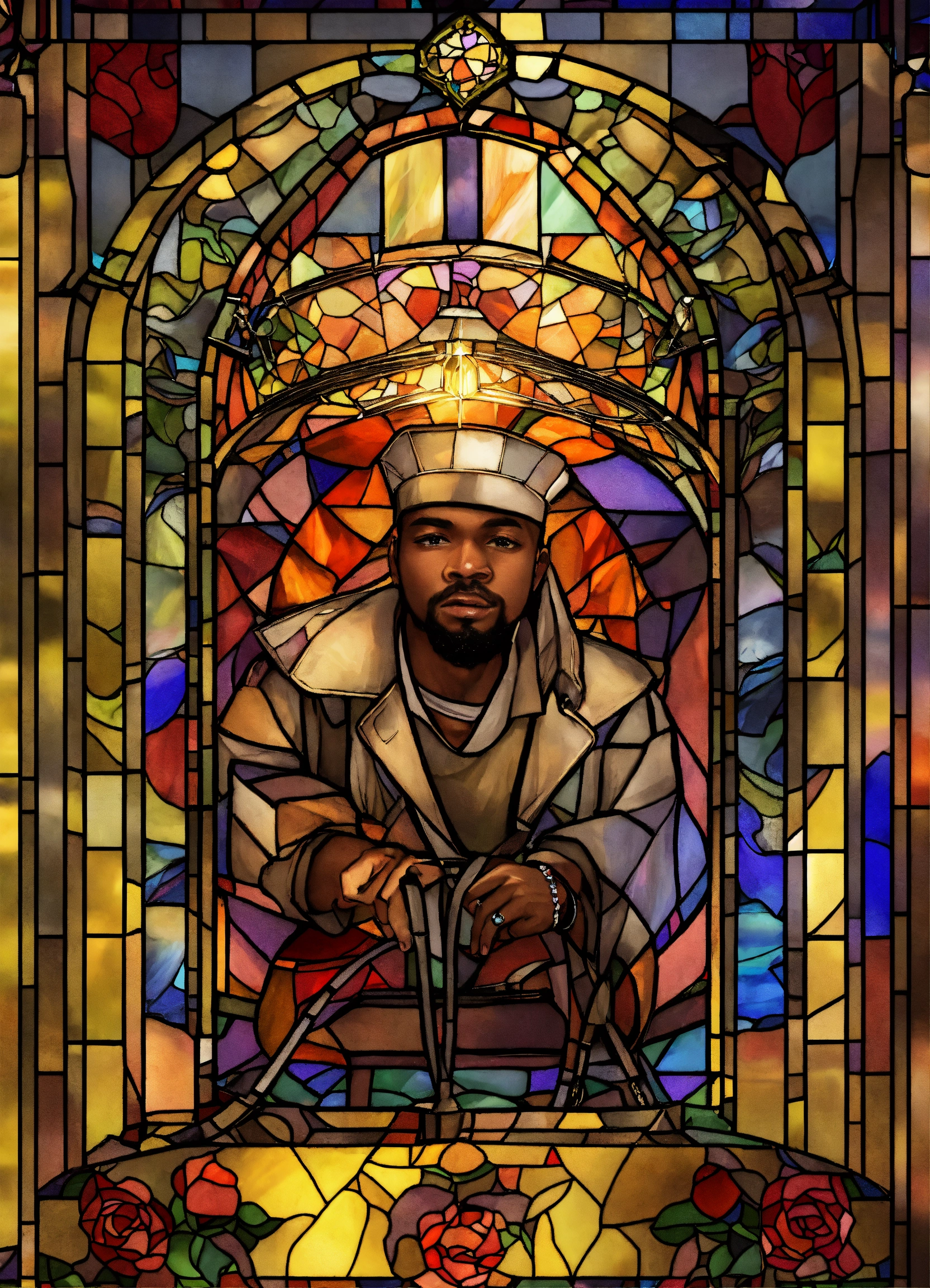 Lexica - HD, 4K, Background is a stained glass with images in the ...