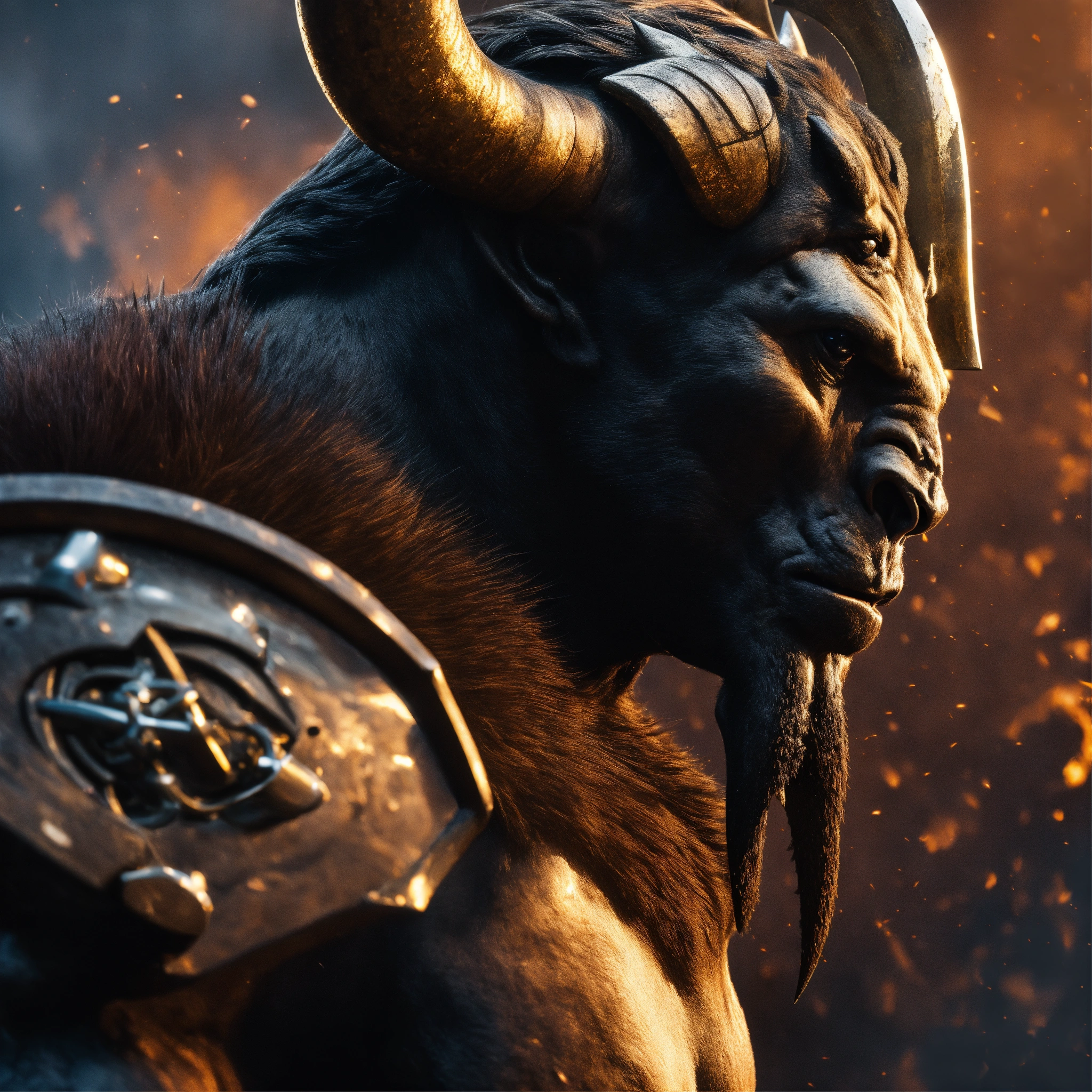 Lexica - Black minotaur, broken horn, holding great axe, profile close ...