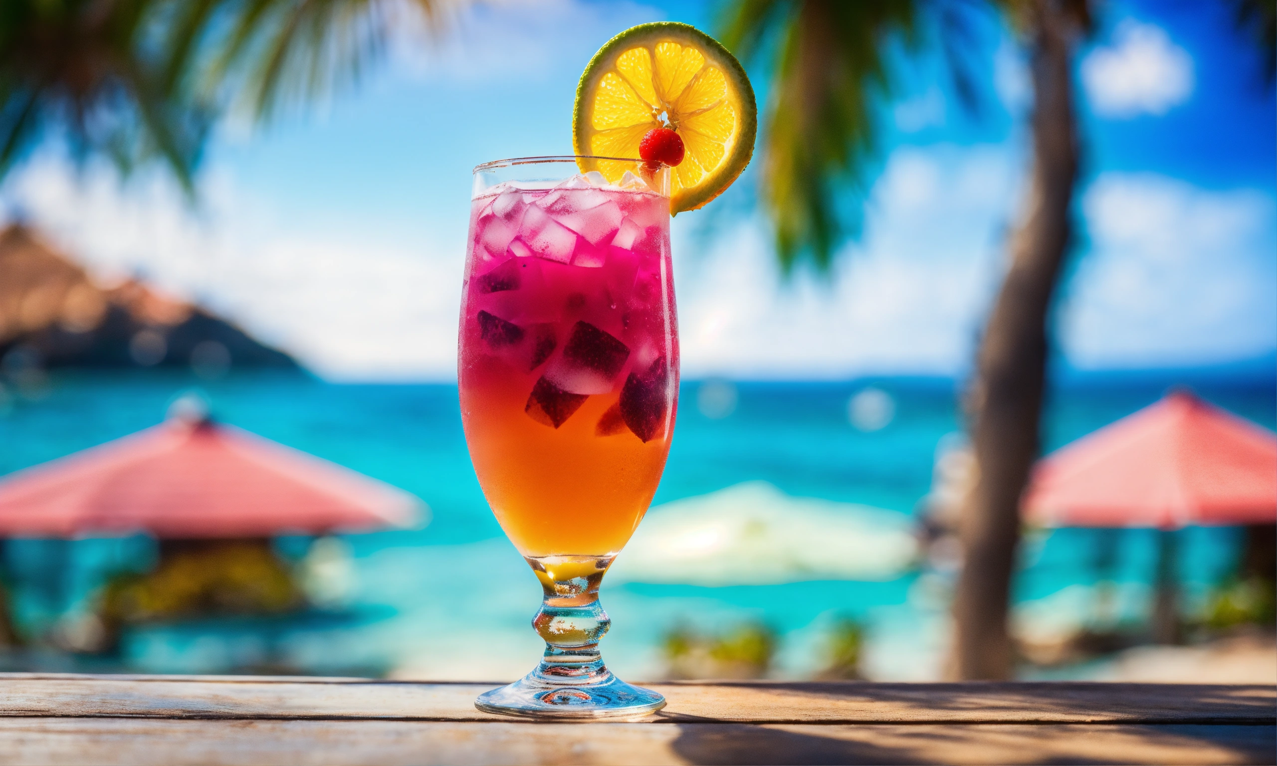 Lexica - Tropical drink, behind is the beach with blue ocean, defocus ...