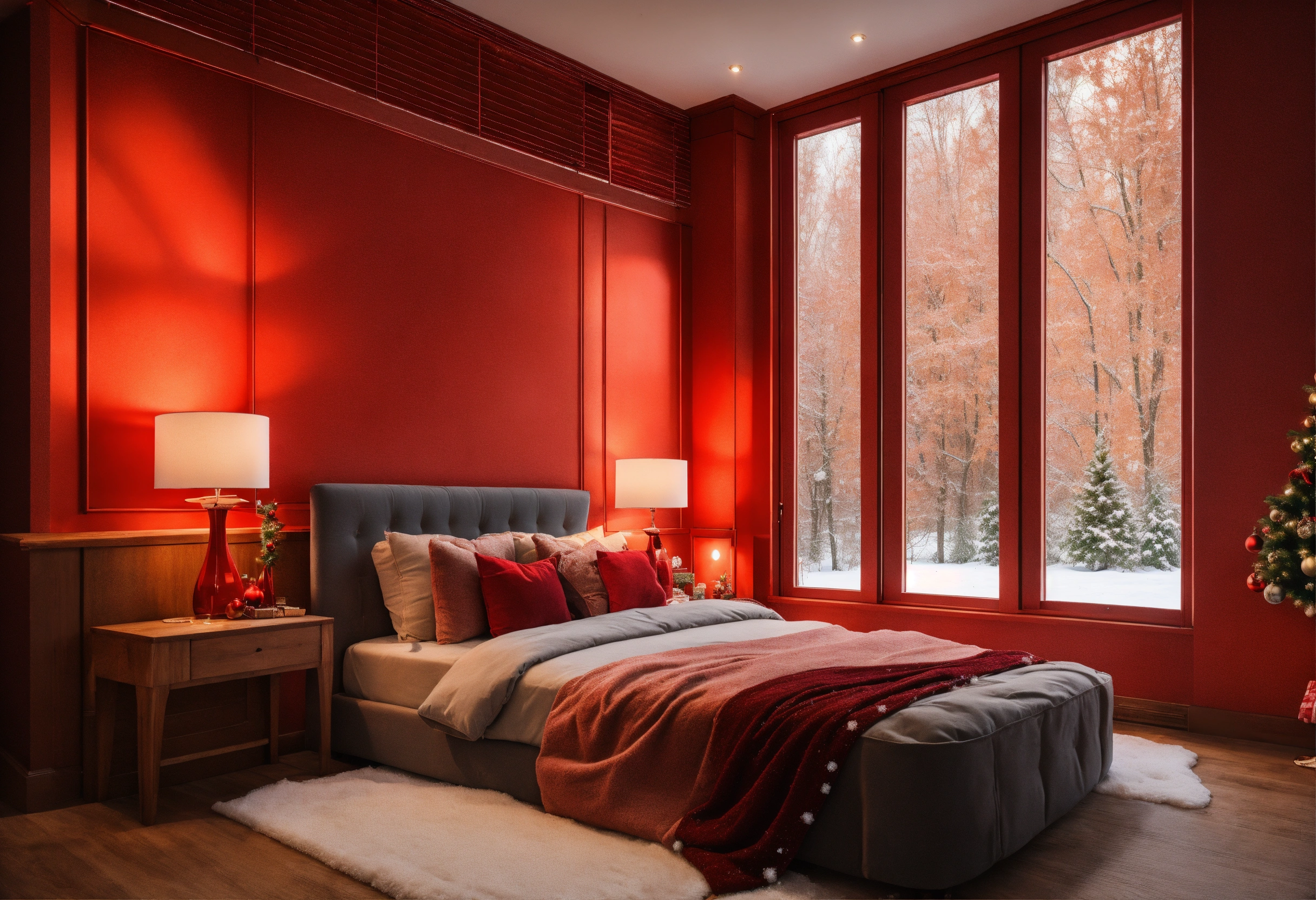 Lexica - Beautiful Christmas red bedroom facing facing forward. Bed ...