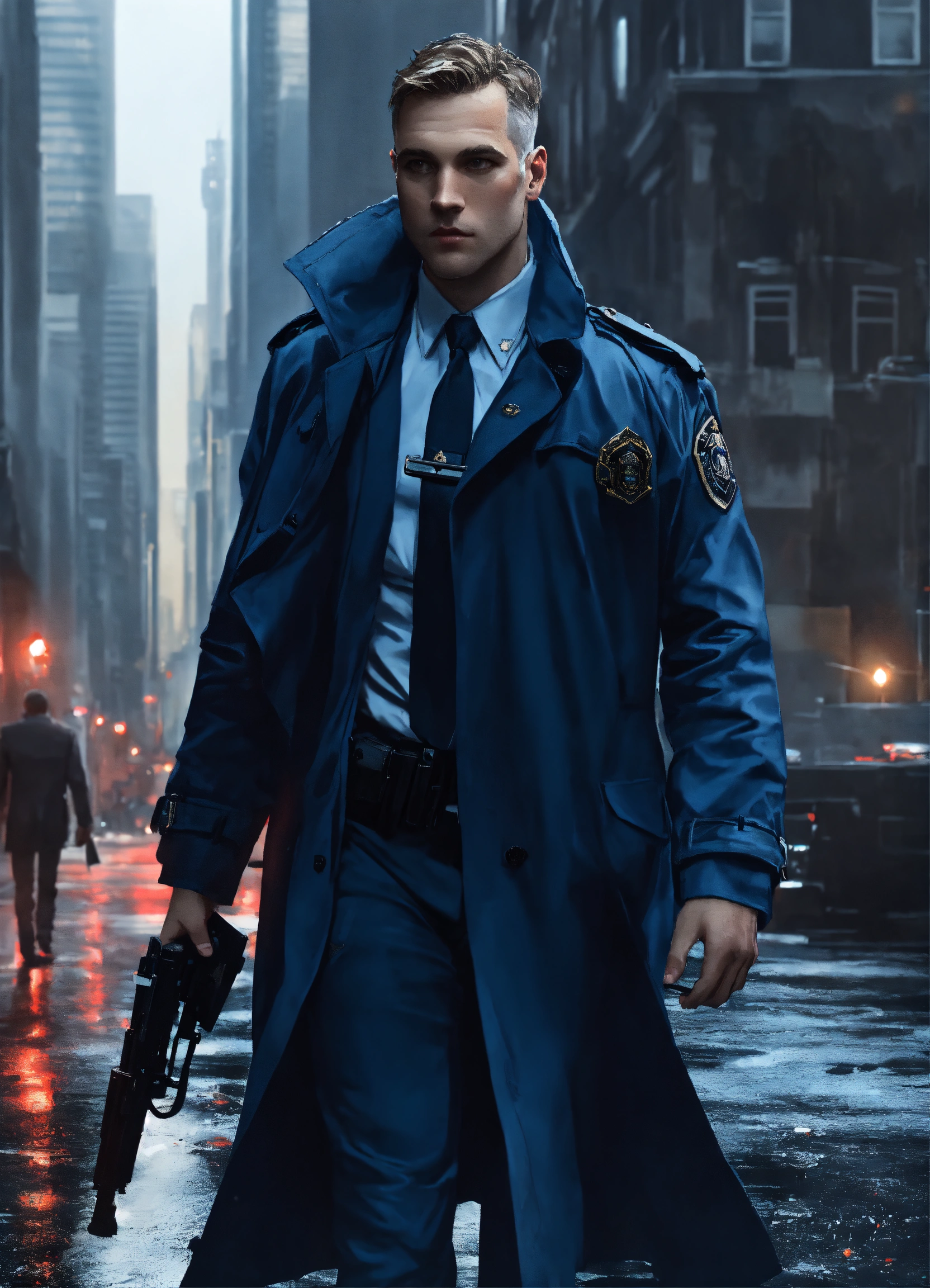 Lexica - White male cop wearing a light navy trench coat, dark ...