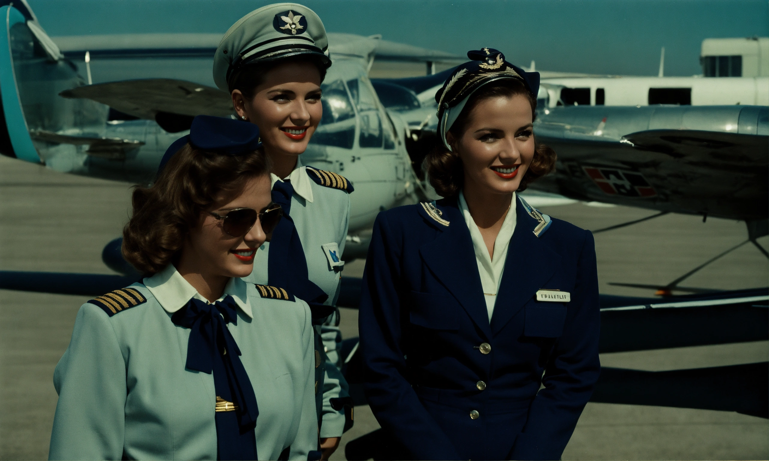 Lexica - Group of 2 pilots and 4 stewardess in a plane 1950