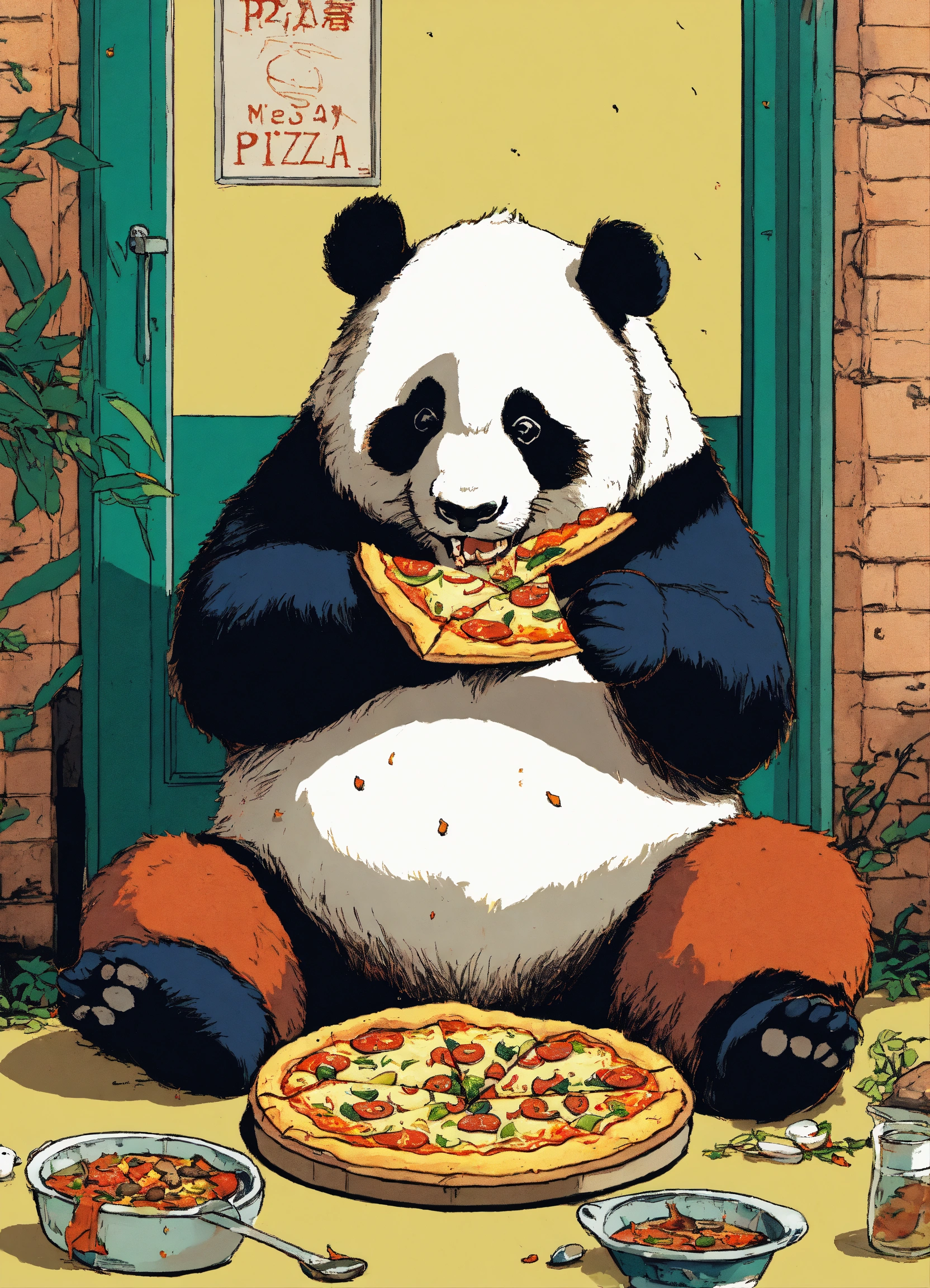 Lexica - A cute panda eating messy pizza, illustration by Hergé ...
