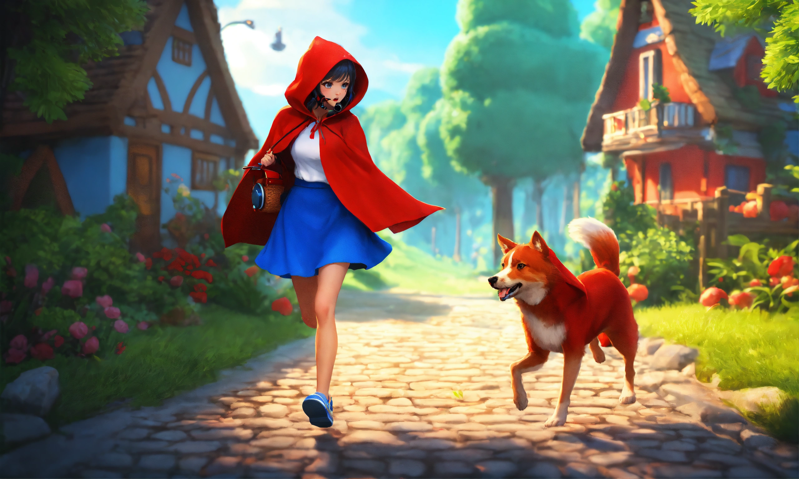 Lexica - Cartoons scared modern Red Riding Hood, wearing short blue ...