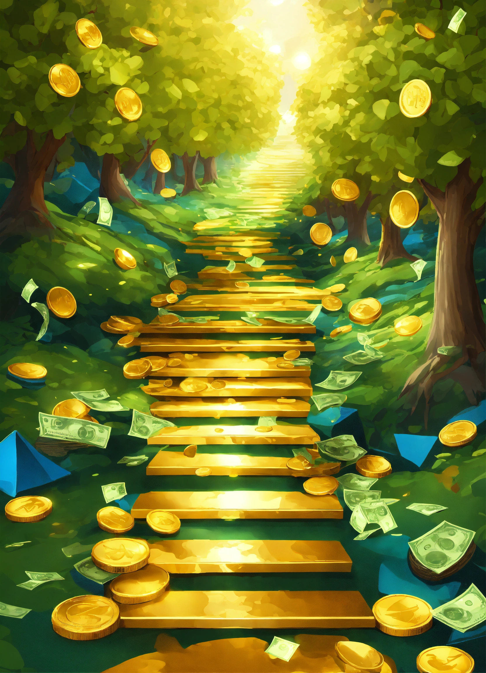 Lexica - A rich pathway full of gold, and money, flat vectors, central justified, in gold green ...