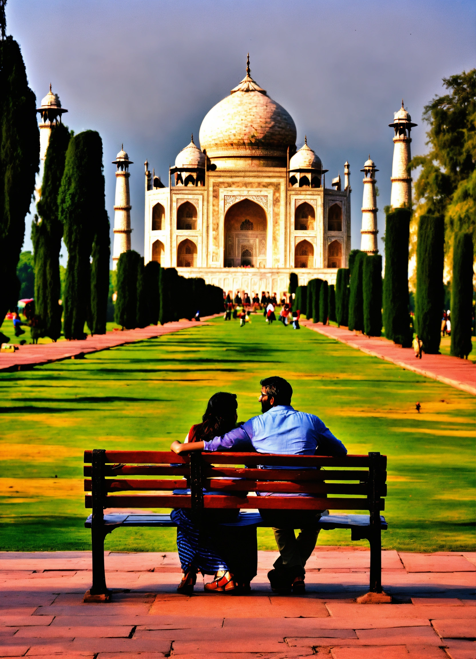 Lexica - Lovers on park bench distance india at taj mahal