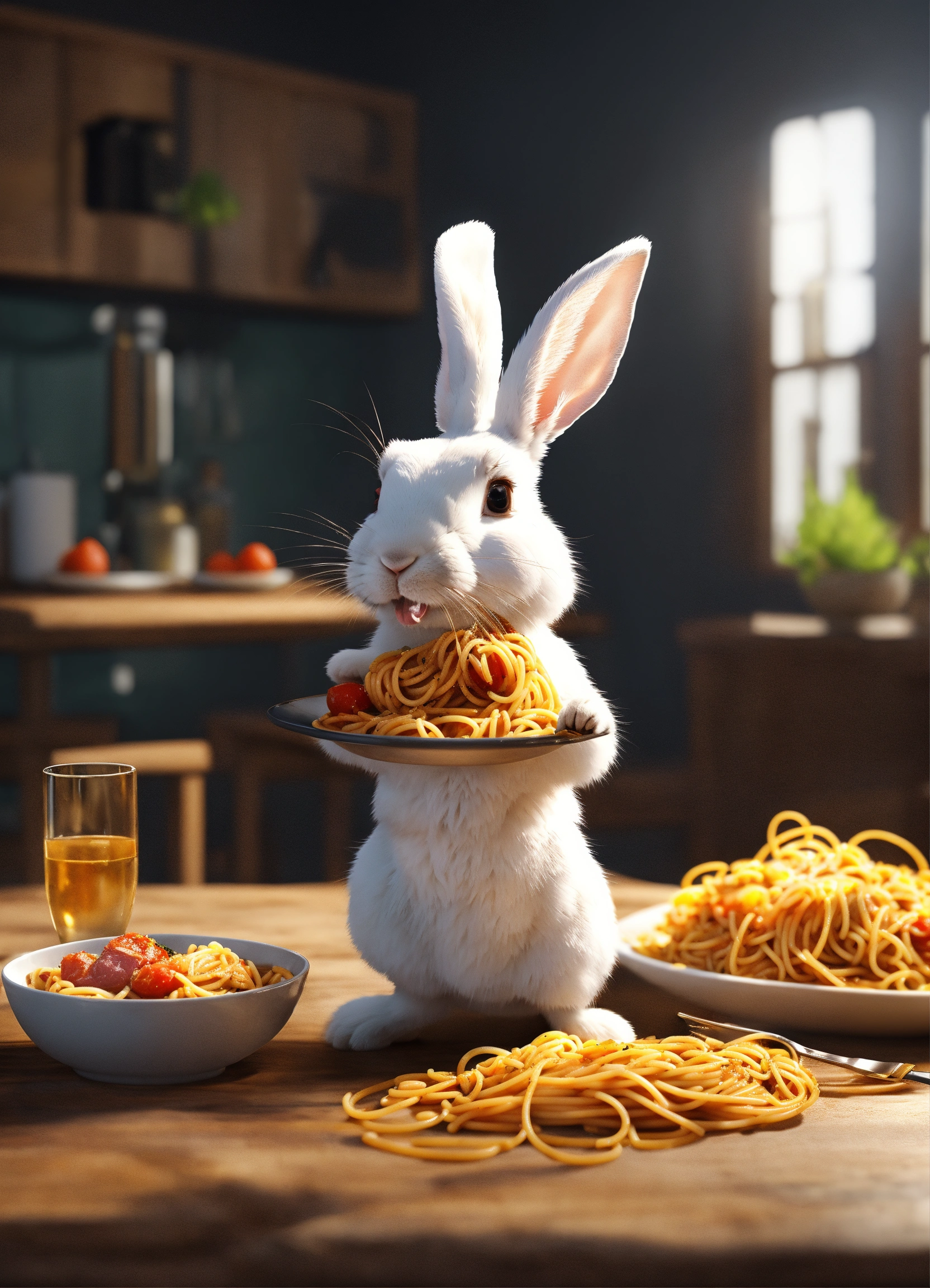Lexica - A rabbit standing on 2 legs, eating spaghetti, unreal engine ...