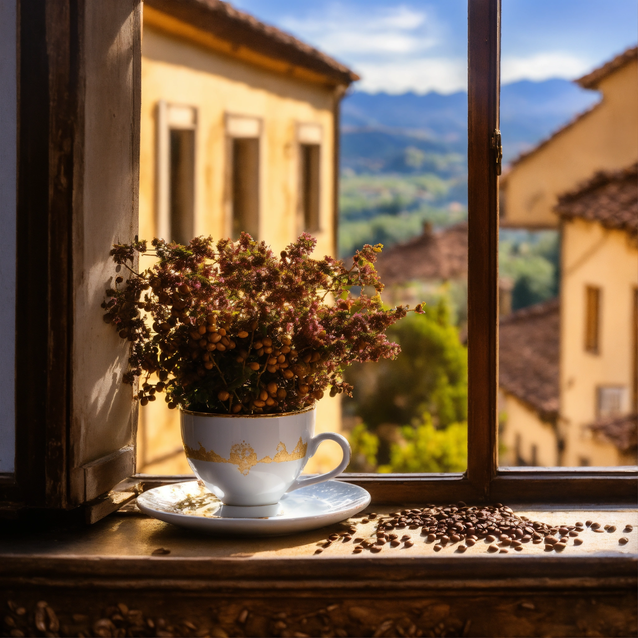 Lexica - A morning scene, a white ceramic coffee cup with gold embossed ...