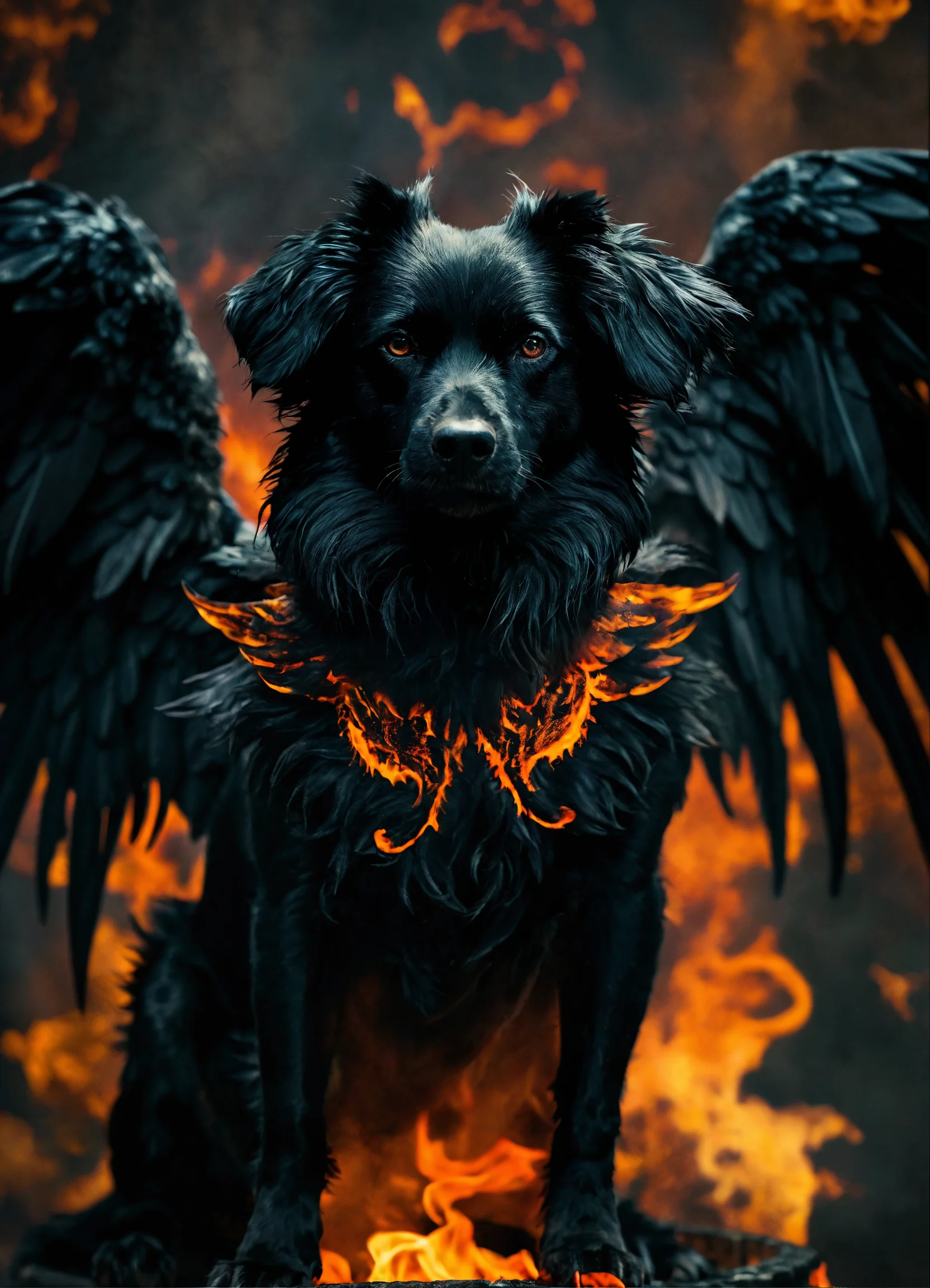 Lexica - (a scary black dog with the wings of a griffon, sitting in ...