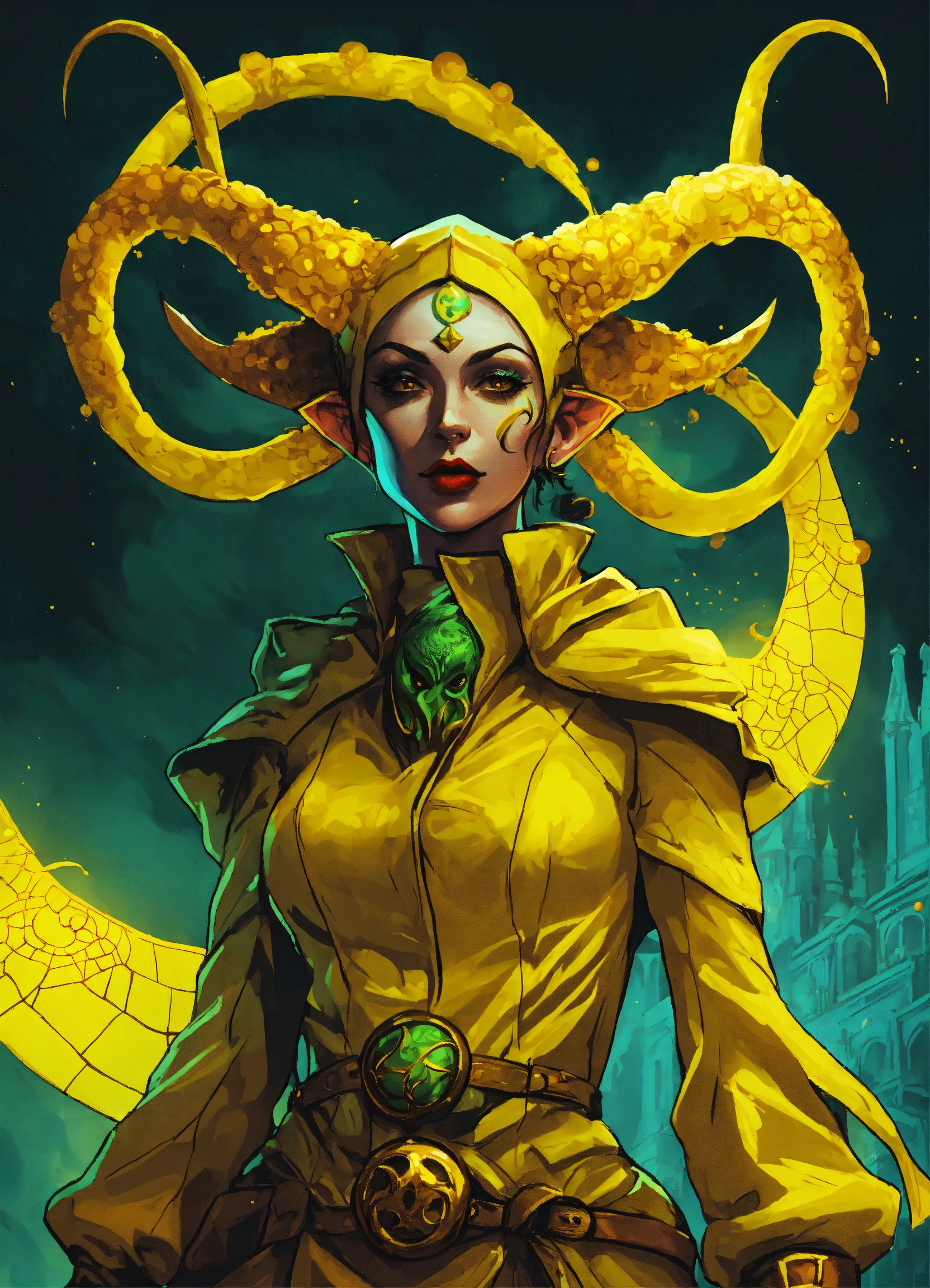Lexica - A female yellow themed jester with eldritch powers of the void ...