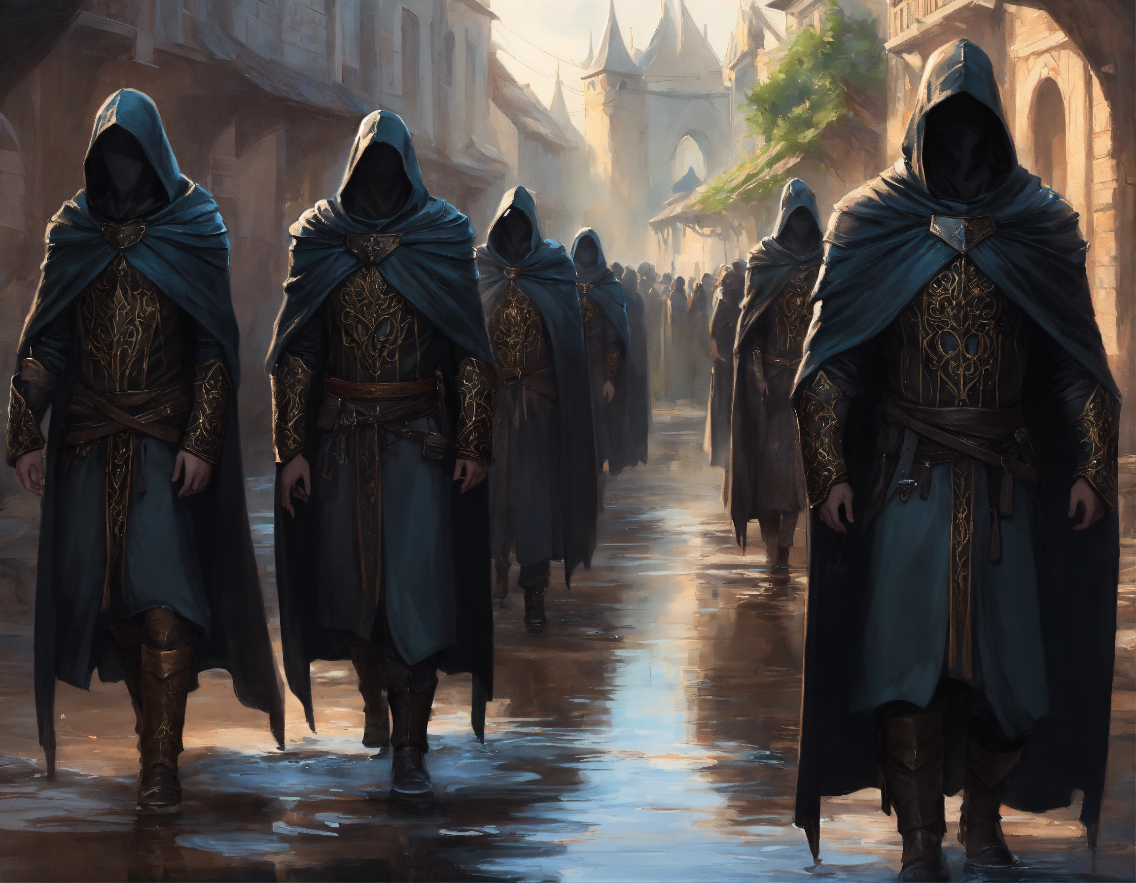 Lexica - Fantasy Painting, group of aligned male coscripts in black ...