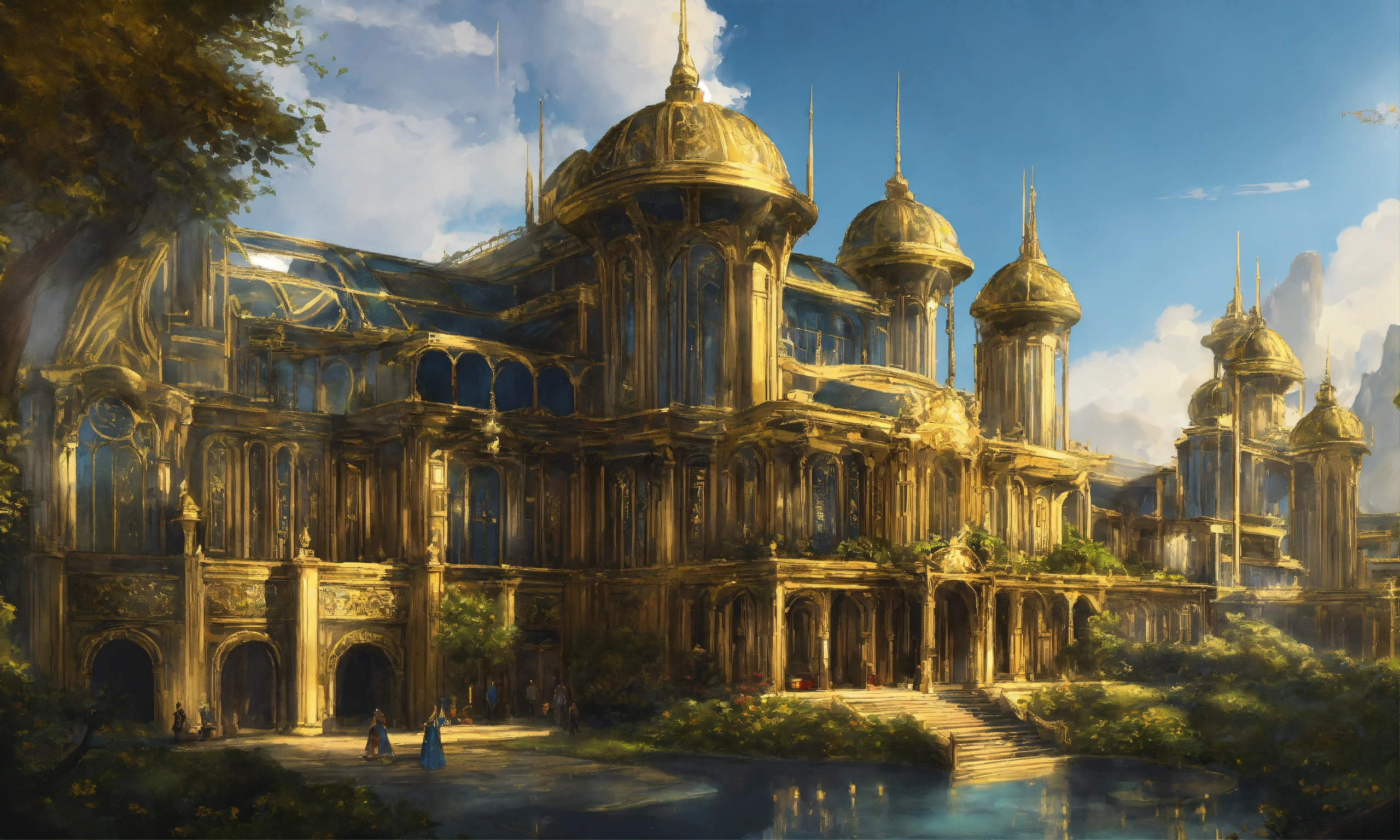 Lexica - Drawing of the full image of a massive black and gold elegant high elf sci fi palace ...