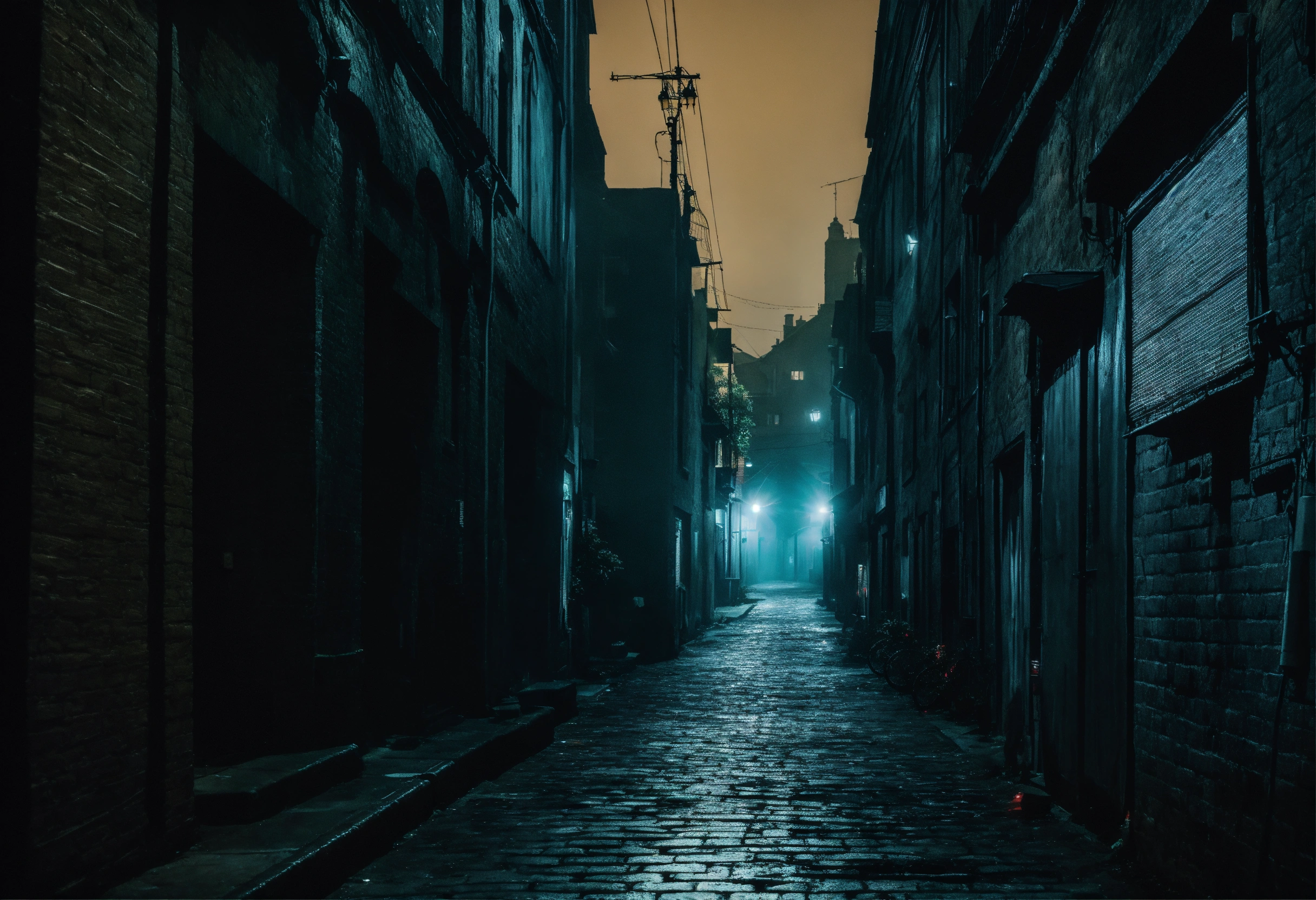 Lexica - A dark alley with buildings on the side, view from alley ...