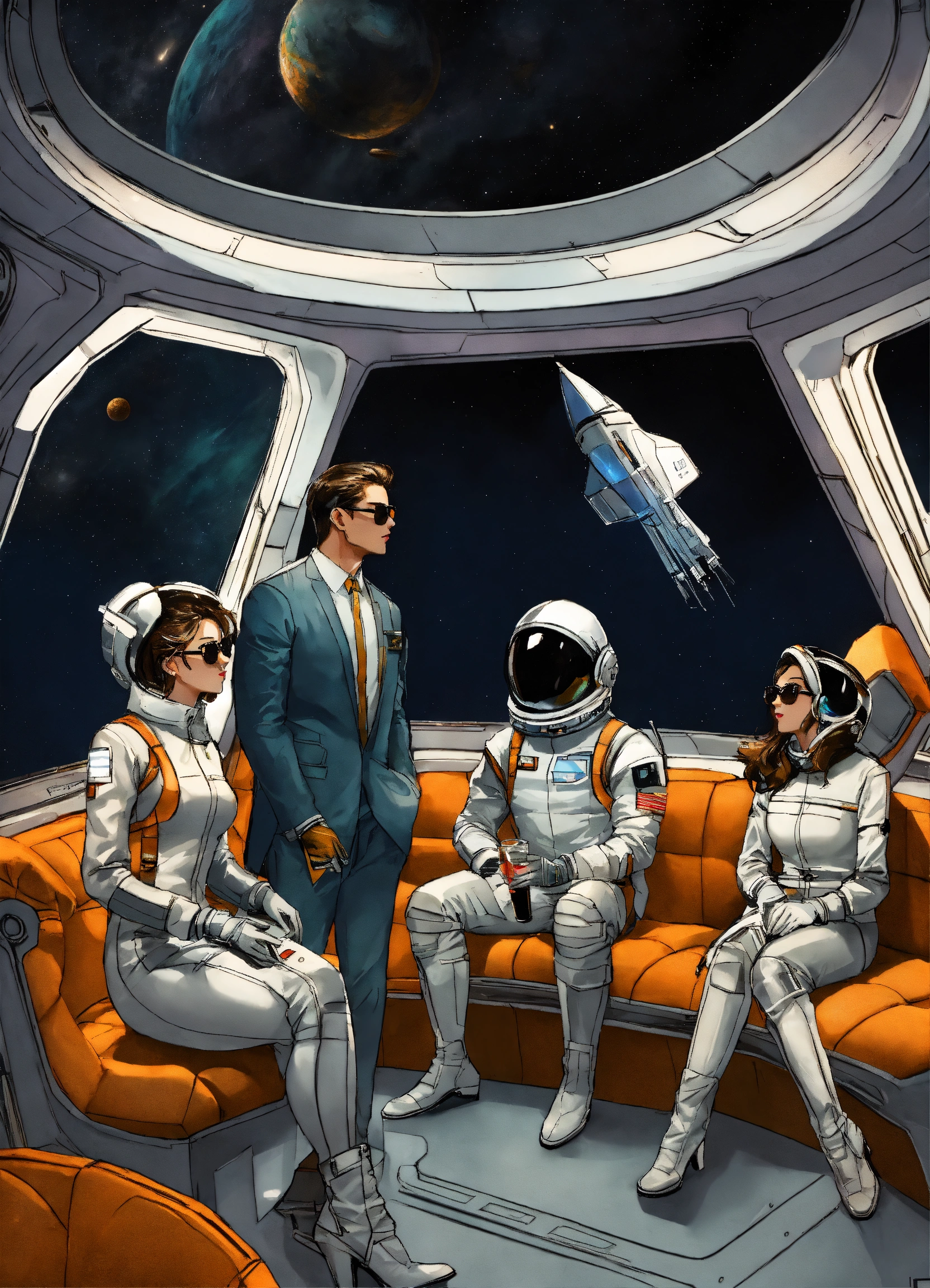 Lexica - Men and women passengers on a space ship with a window into ...