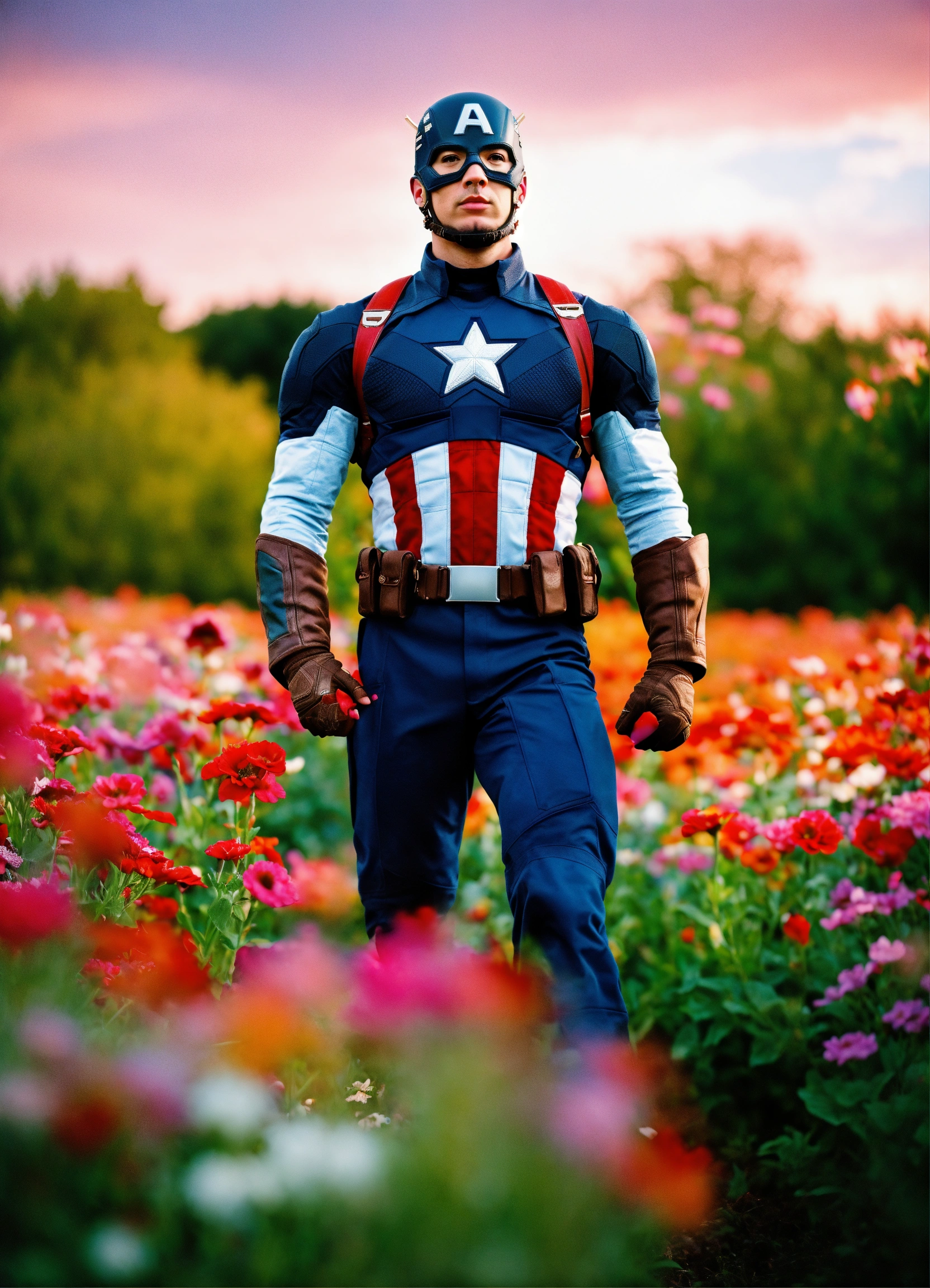 Lexica - Happy captain America standing in a beautiful field of flowers ...