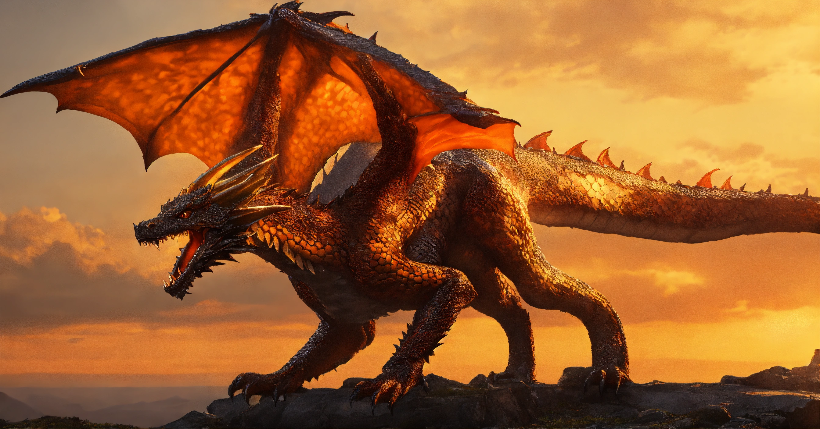 Lexica - Stunning, lifelike dragon with orange (HEX = FF5500) features.