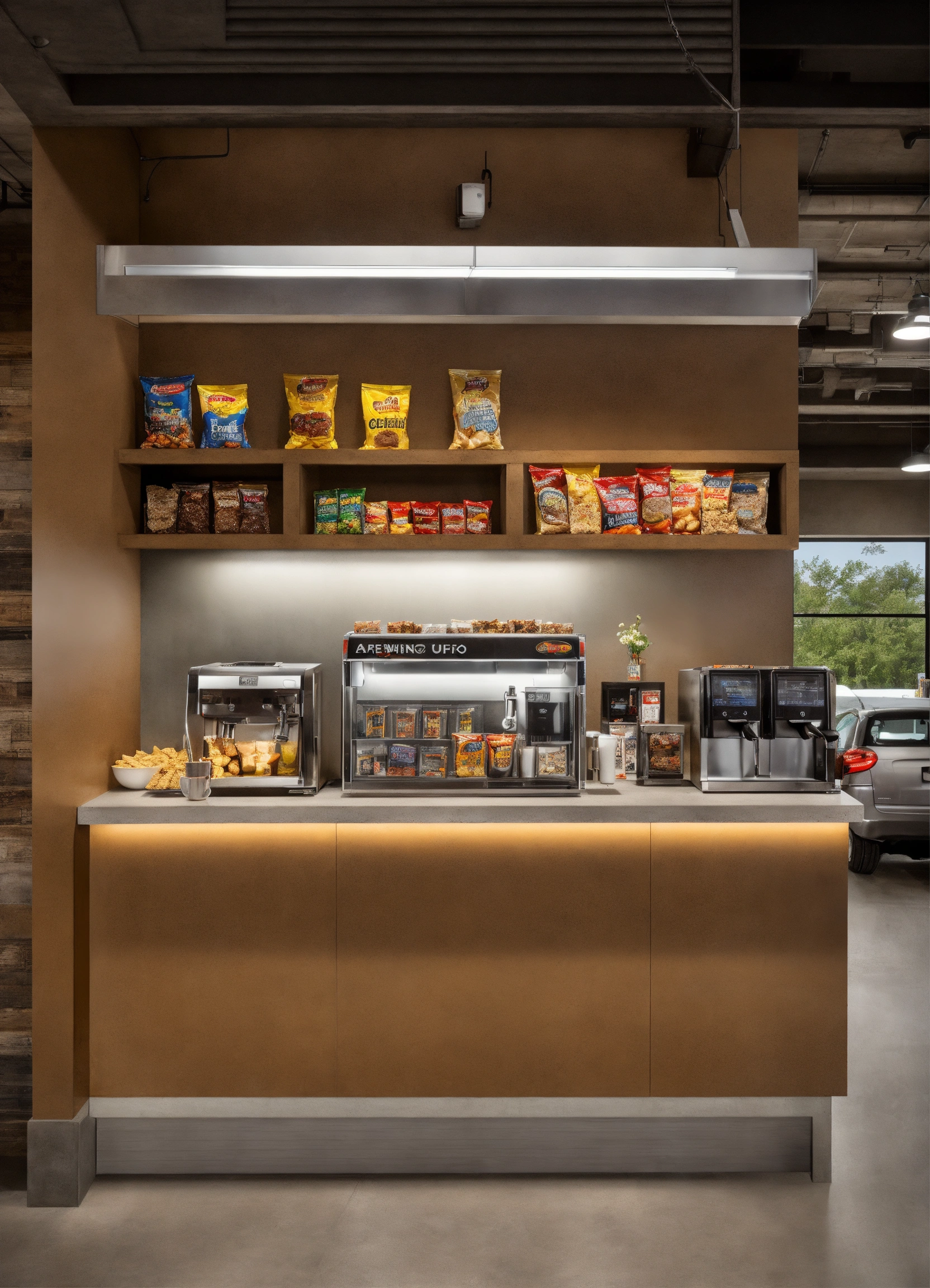 Lexica - A self serve breakroom snack bar with snacks on an easy to reach shelf for employees to ...