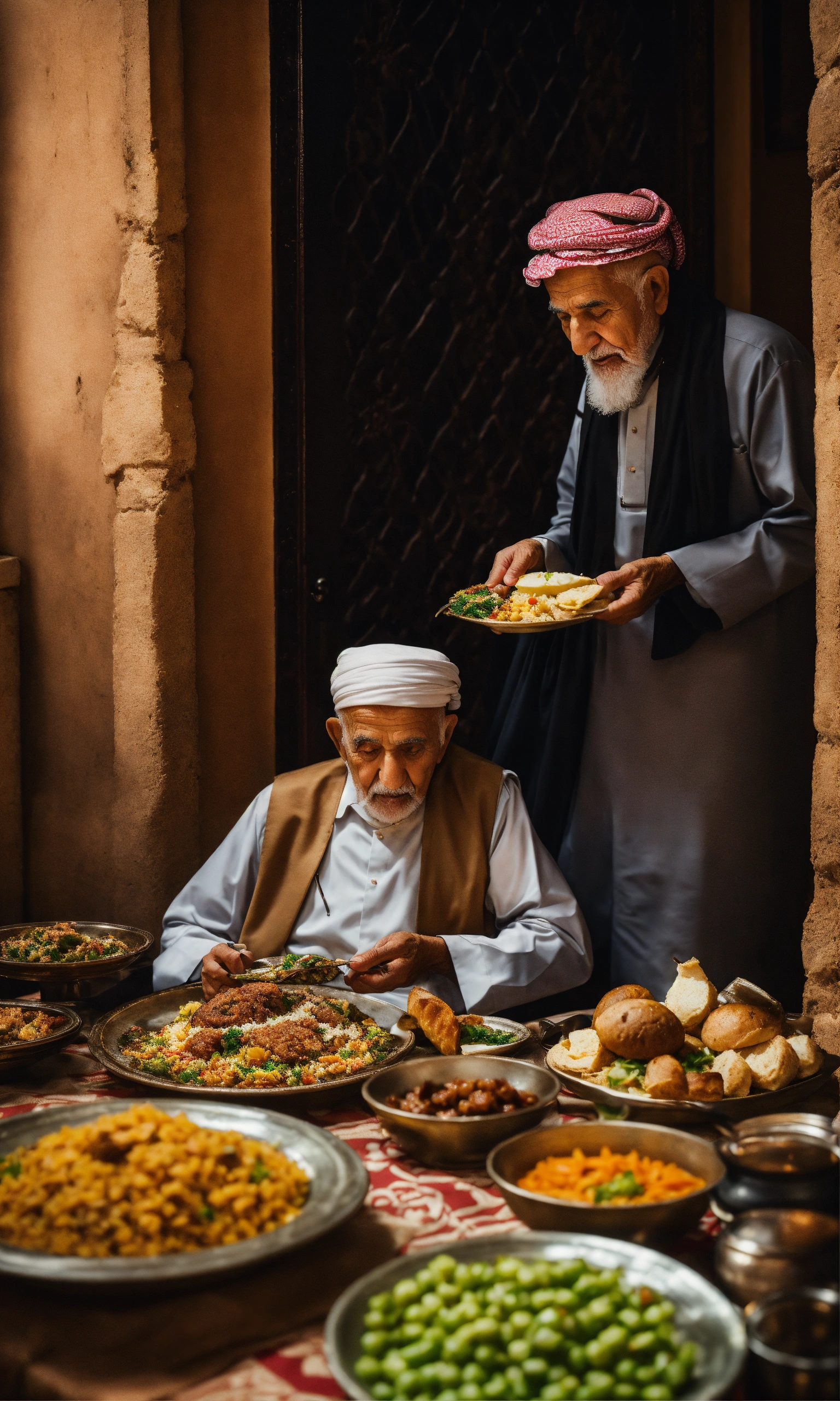 Lexica - A wealthy middle eastern old man eating on a table full of ...