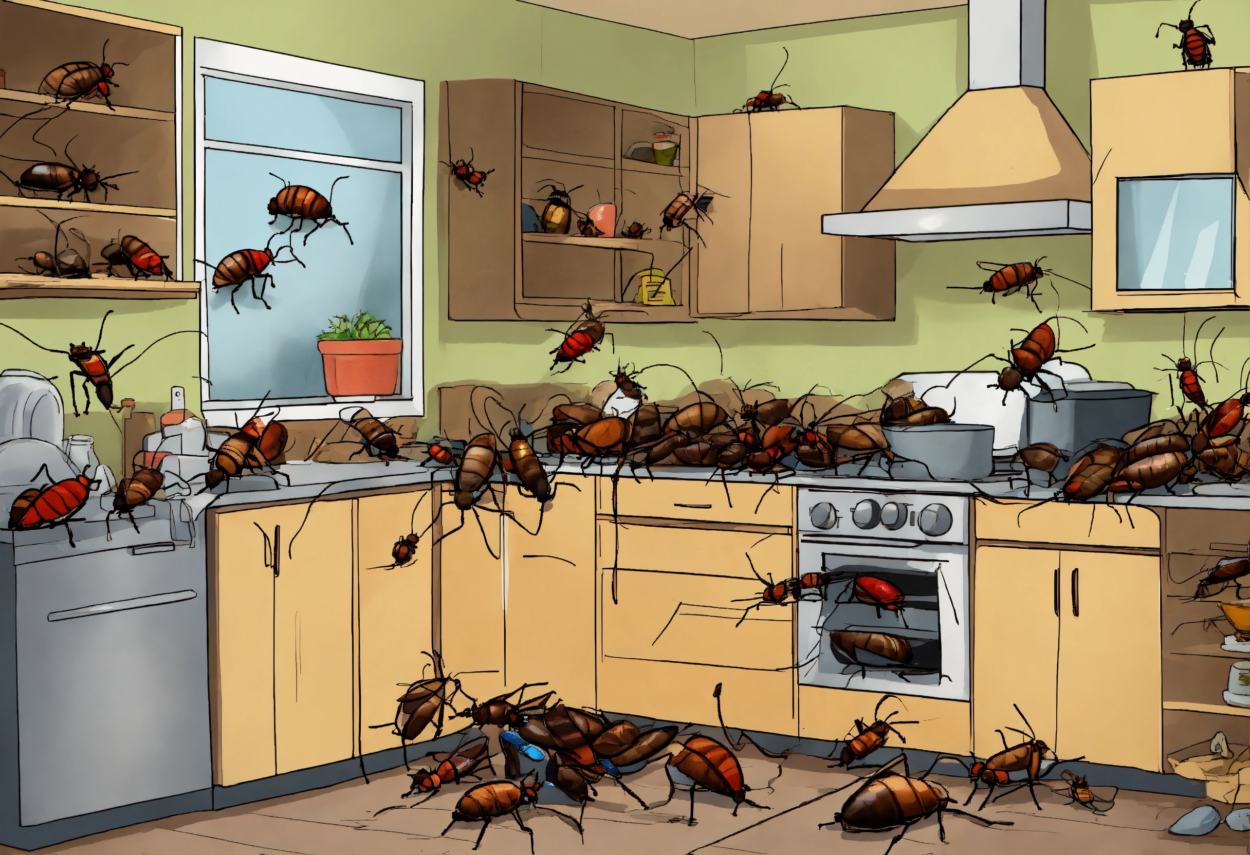 Lexica - 4 cockroaches scurrying around in a kitchen, causing chaos ...