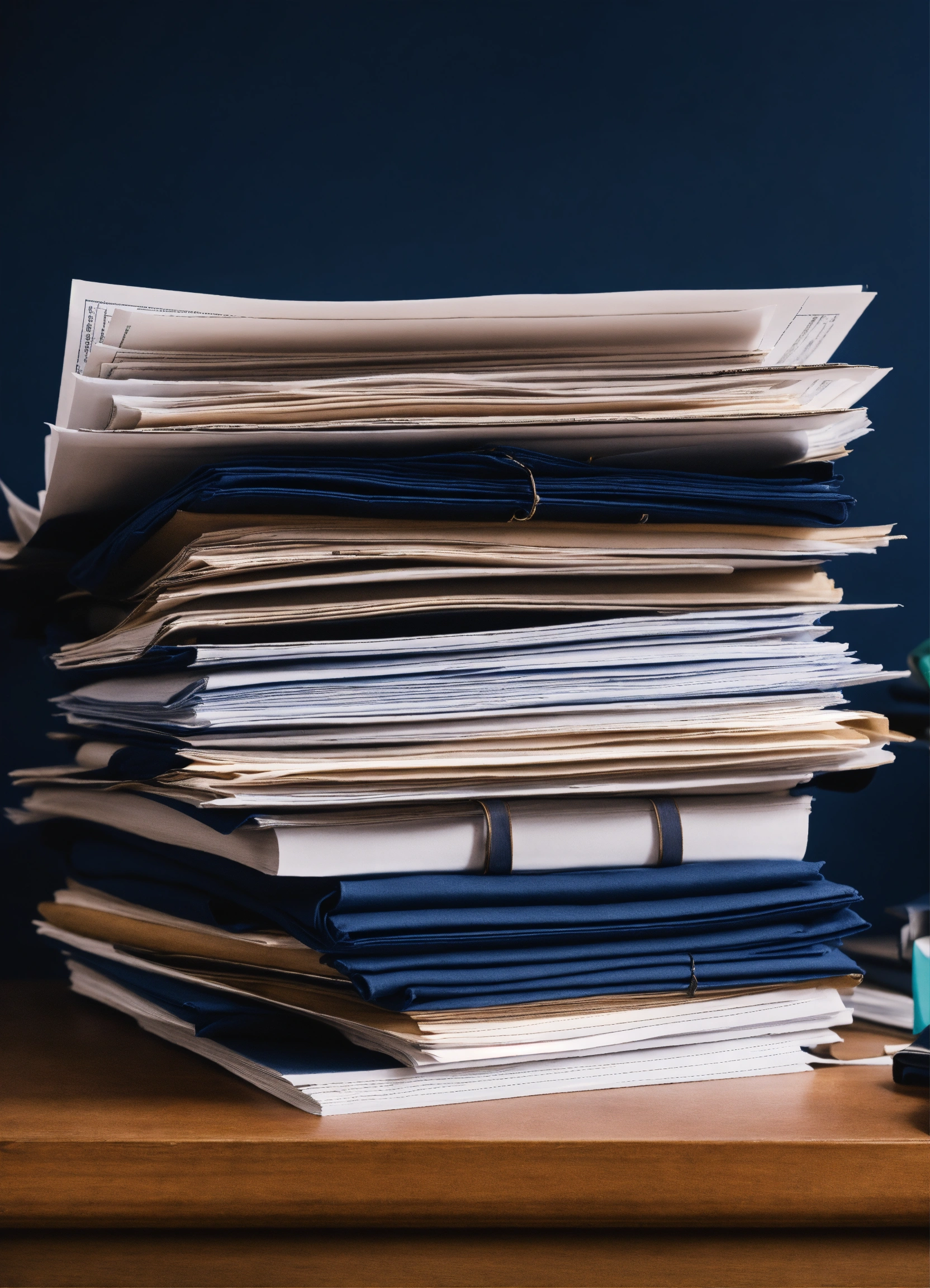 Lexica - Pile of paperwork like contracts with a navy blue colour theme