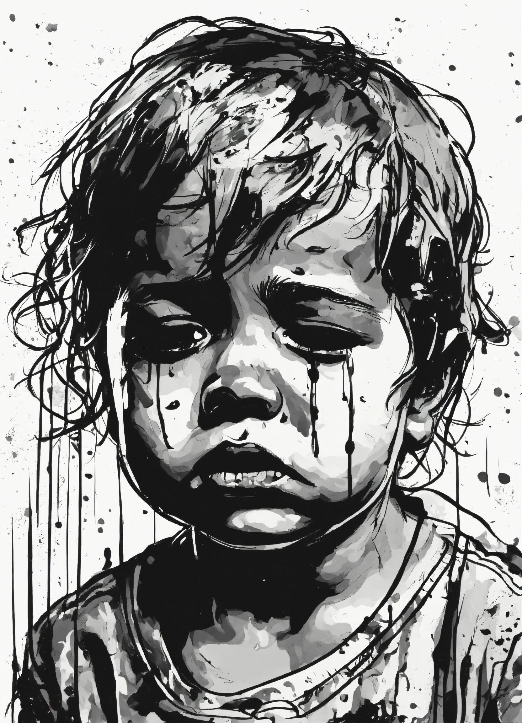 Lexica - Child crying, grunge style, black and white, white background ...