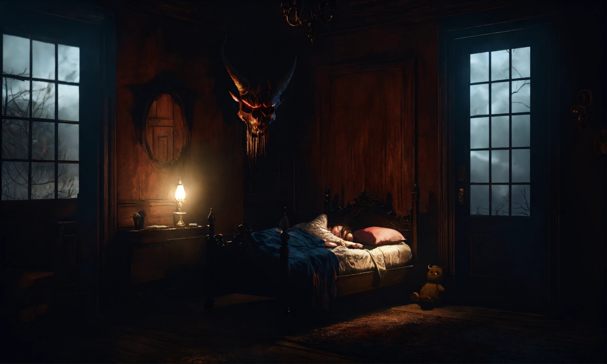Lexica - Spooky dark room; girl sleeping; a demon at the door; scary ...