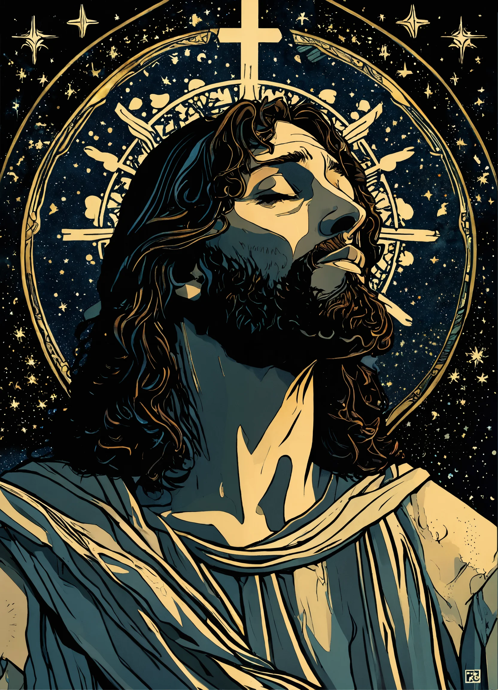 Lexica - A dark mournful, modern illustration, centered a stern jesus ...