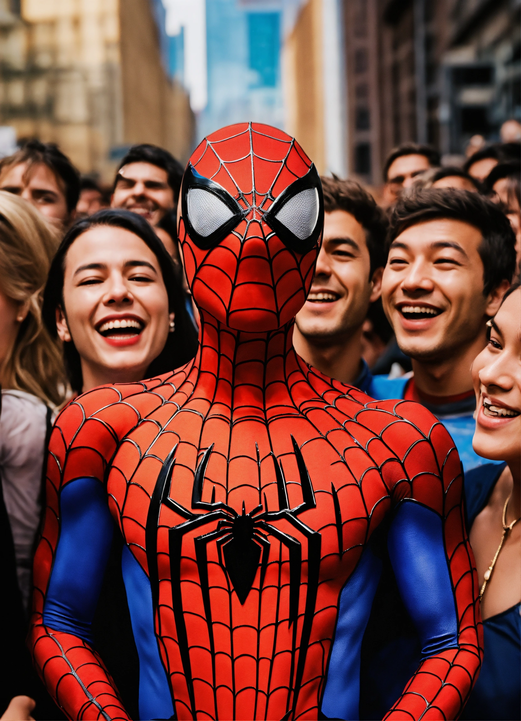 Lexica - Spiderman is surrounded by many people and praises him, a ...