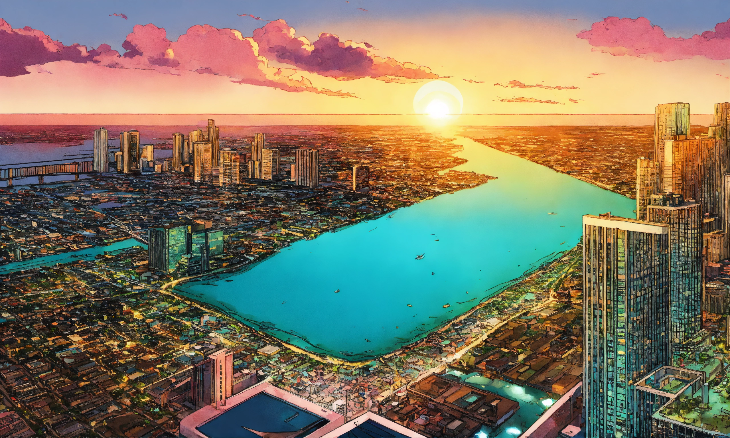 Lexica - Comic book Illustration of Aerial view of downtown Miami ...