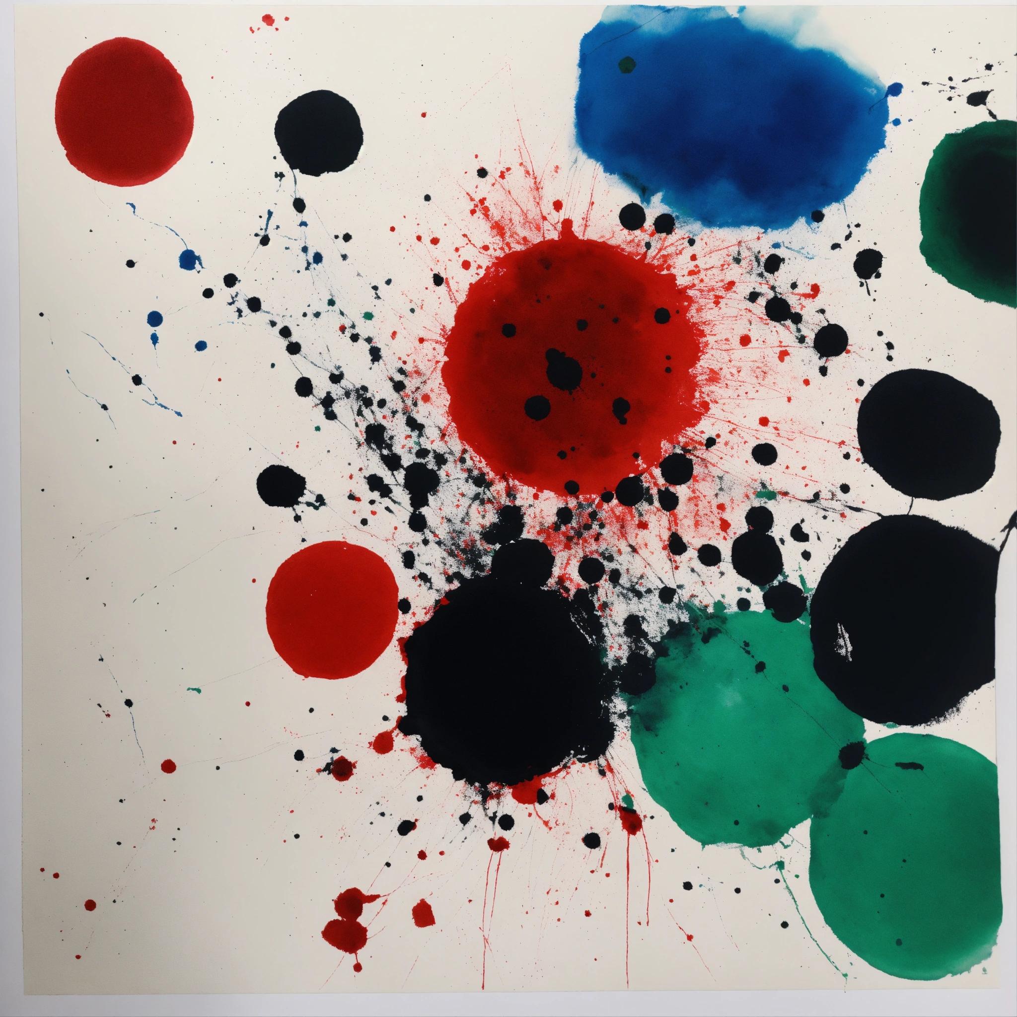 Lexica - White page with random splotches of blue black green and red ink