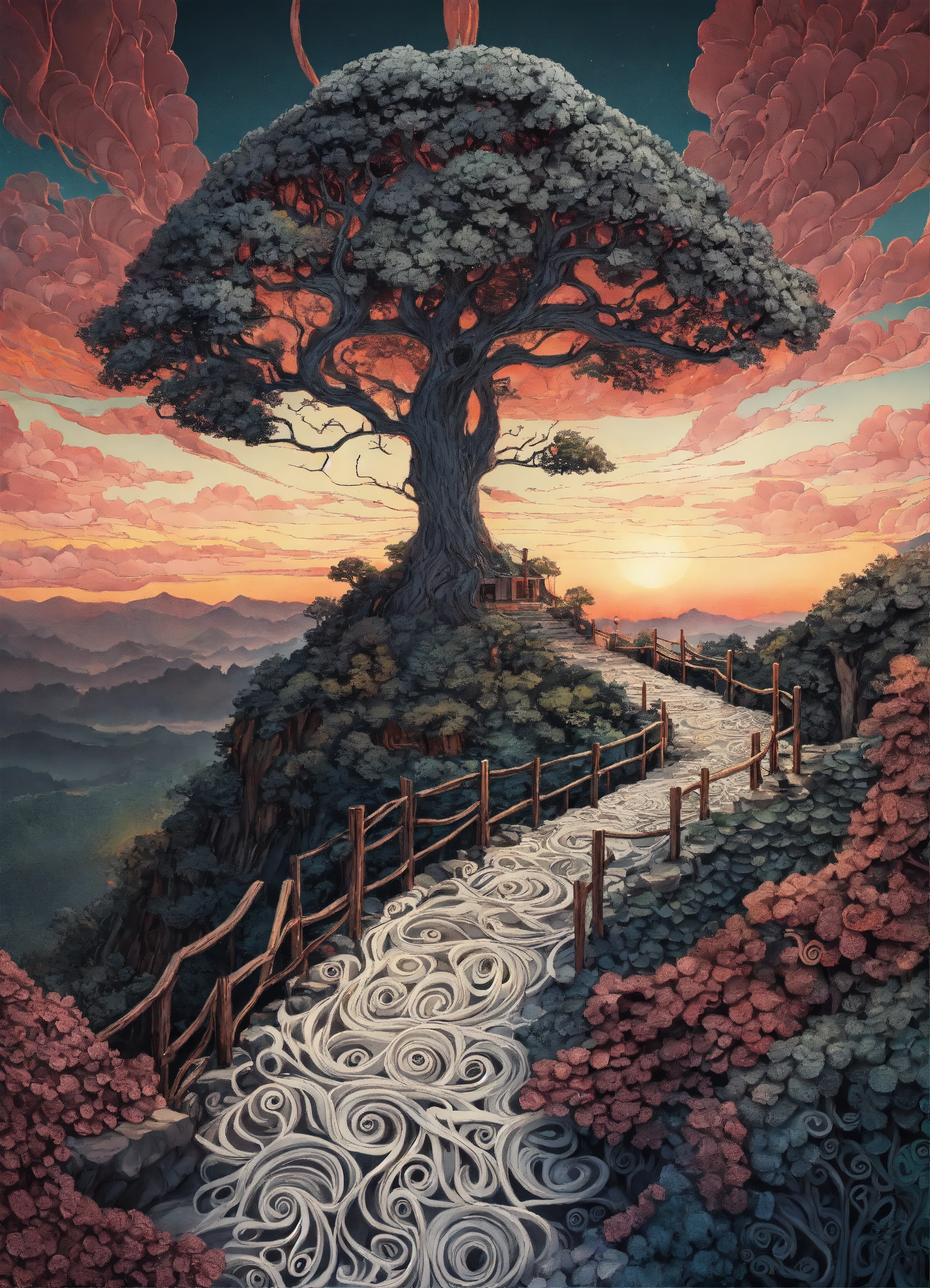 Lexica - Surreal giant tree on top of a hill, detailed, path up the ...