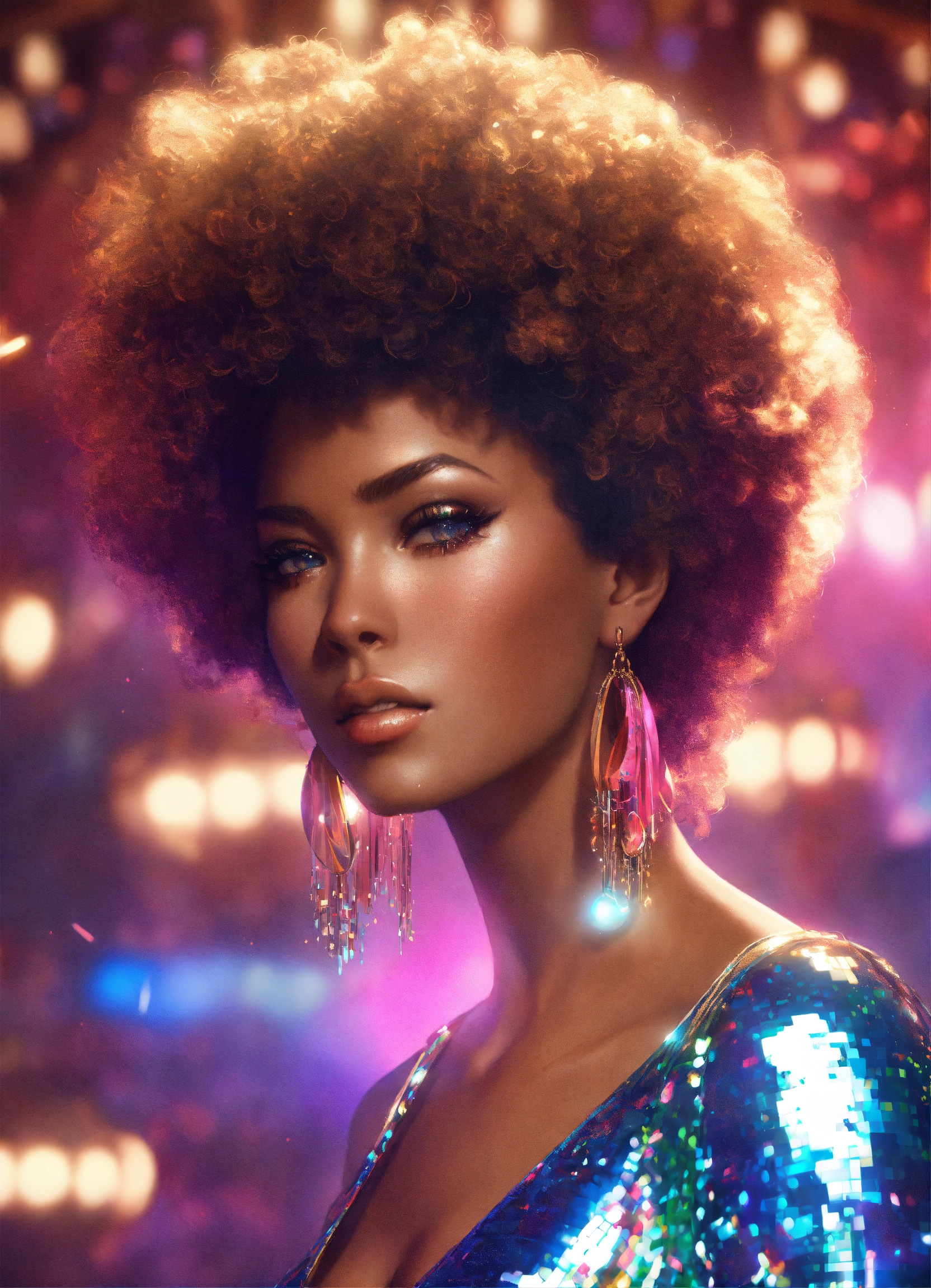 Lexica - "glamorous 70s disco queen", massive afro hair, 70s disco ...