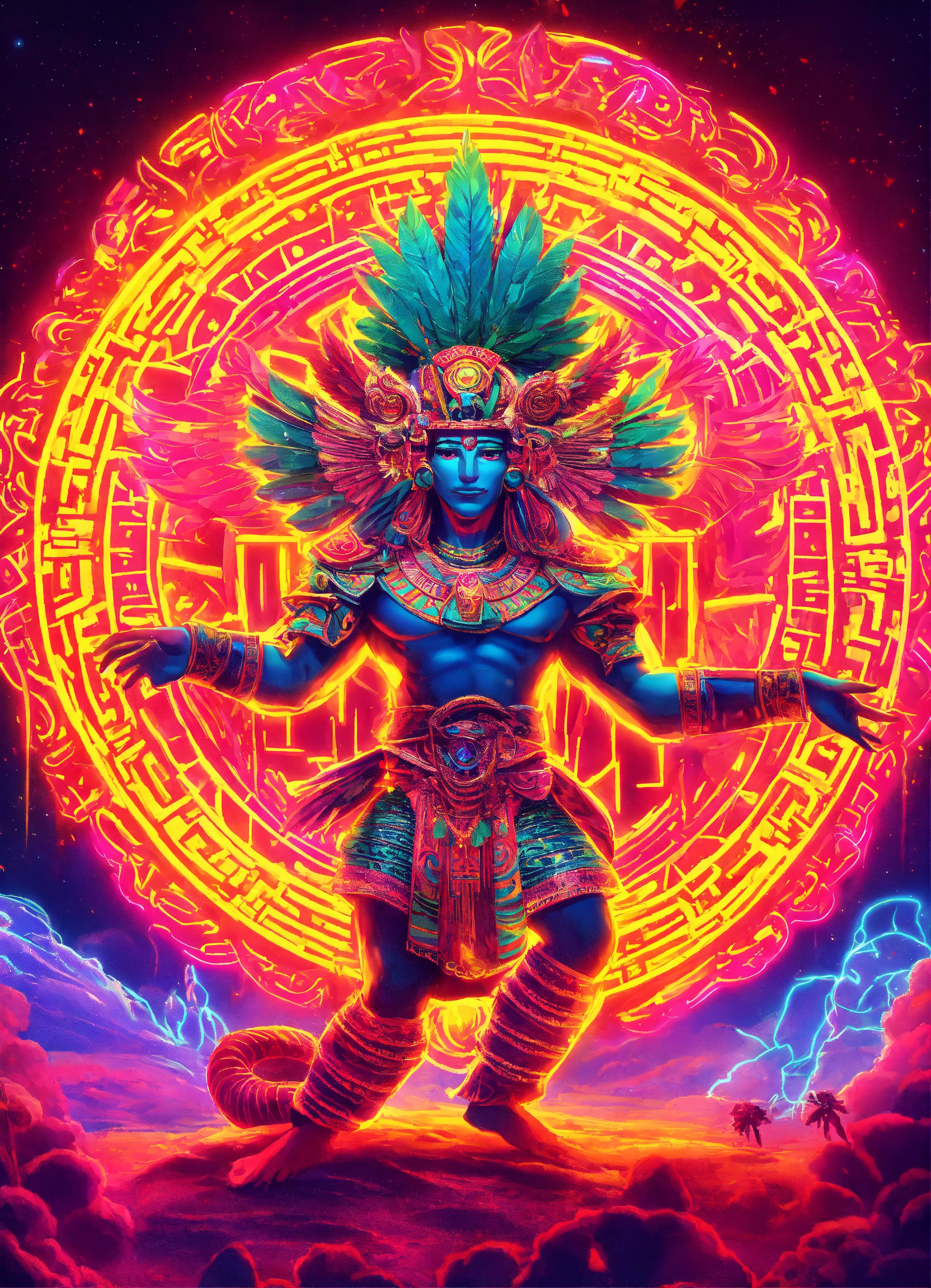 Lexica - Aztec God Quetzalcoatl dancing in electric neon gleam with DMT ...